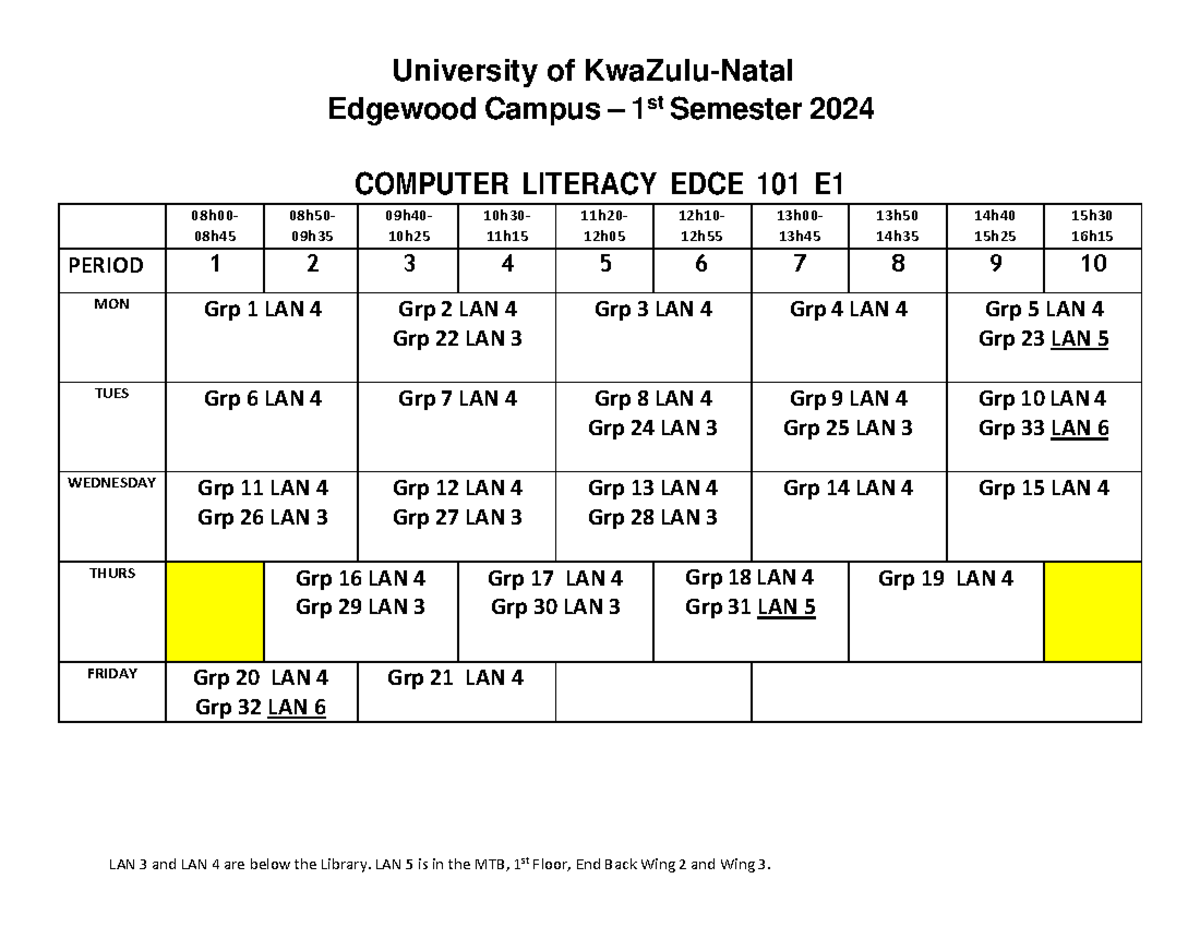 Computer Literacy Timetable 1st Semester 2024 - University of KwaZulu-Natal - Edgewood Campus ...