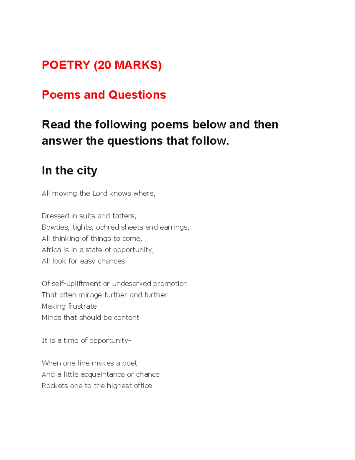 Poetry question and ansewr - POETRY (20 MARKS) Poems and Questions Read ...