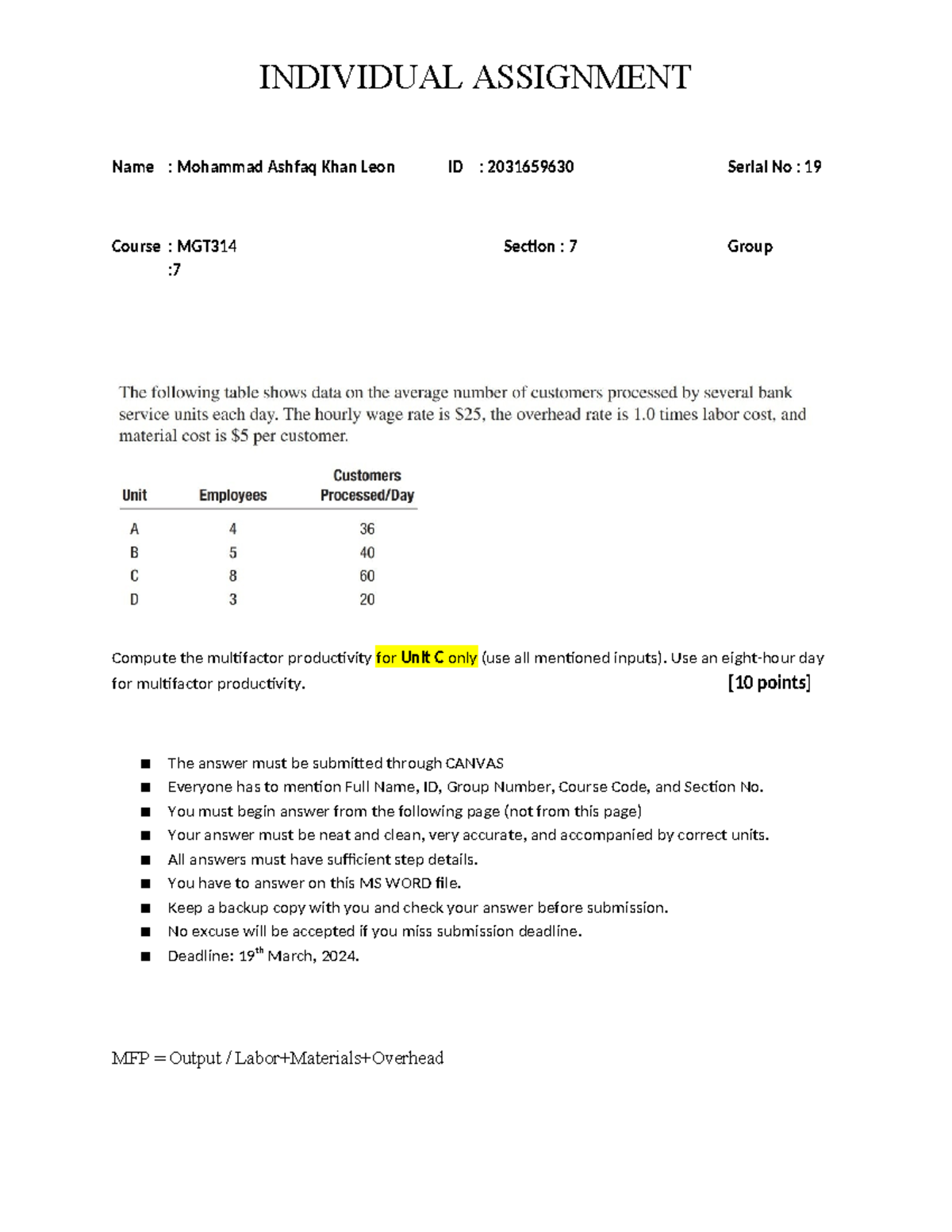 MGT314 Assignment 1 - INDIVIDUAL ASSIGNMENT Name : Mohammad Ashfaq Khan ...