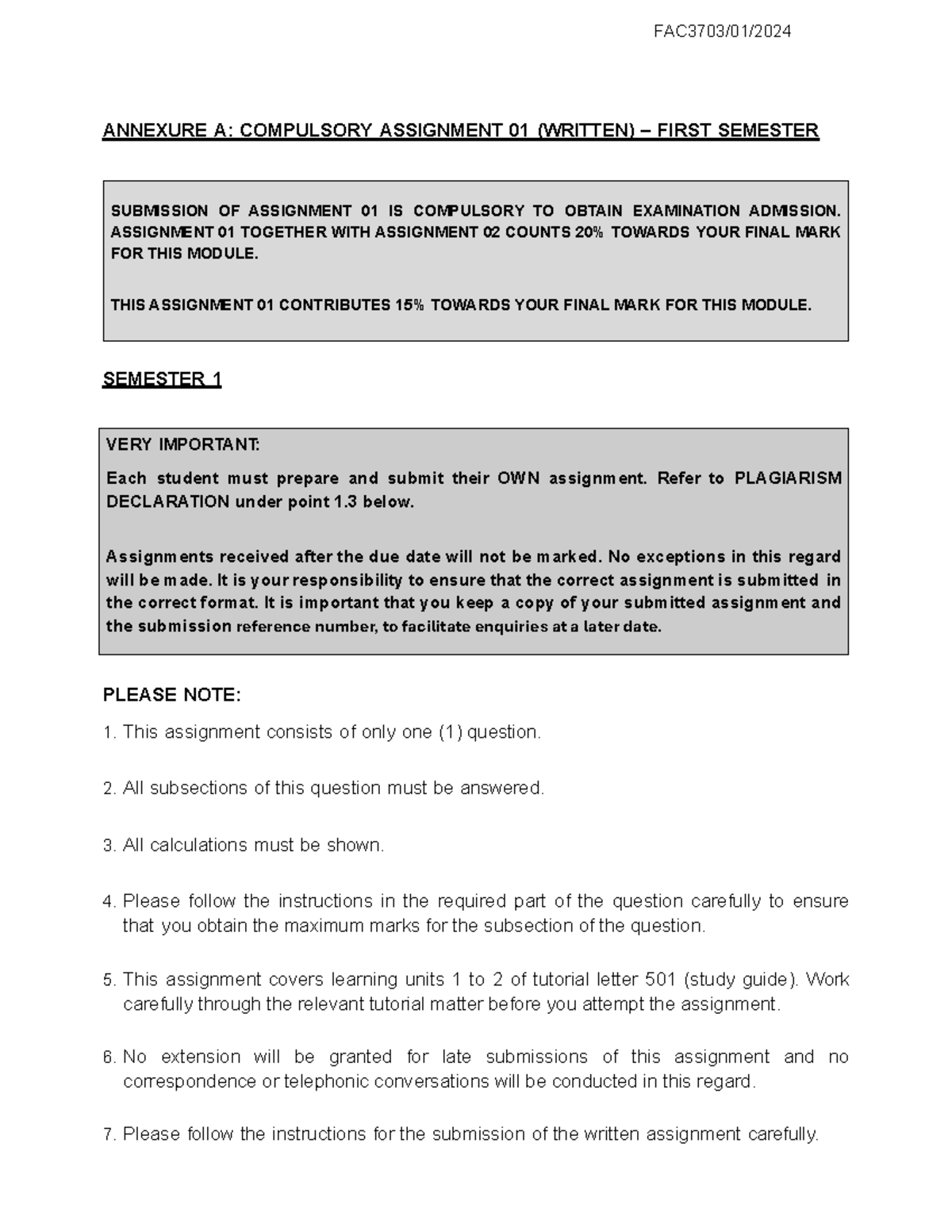 Fac3703 assignment 1 2024 - ANNEXURE A: COMPULSORY ASSIGNMENT 01 ...