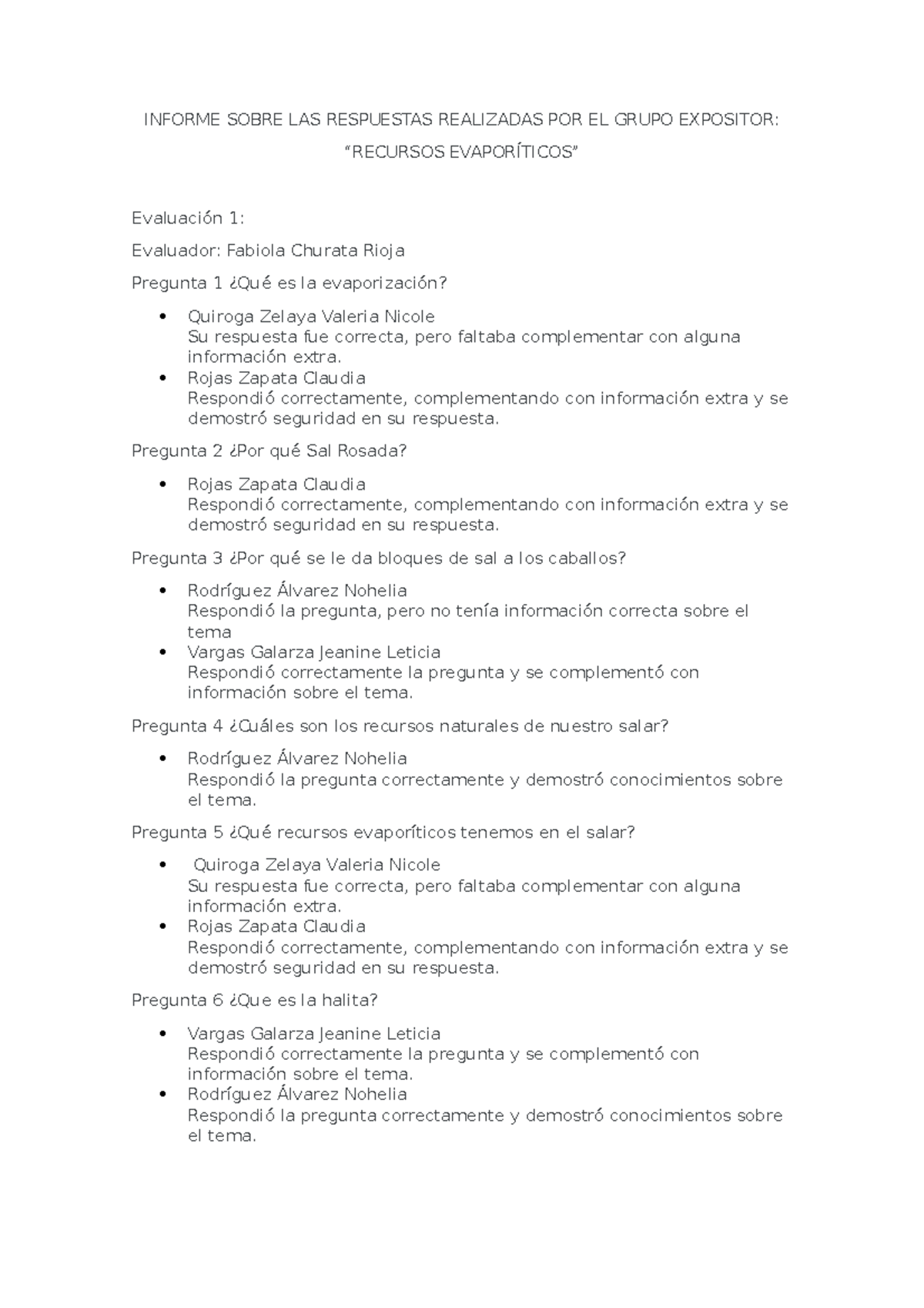 Informe Sobre LAS Respuestas Realizadas POR EL Grupo Expositor ...