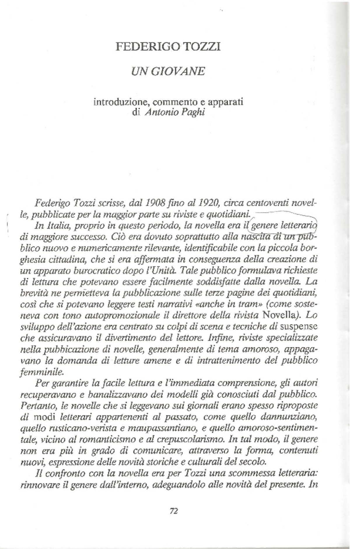 Federigo Tozzi - Un giovane - Letteratura Italiana Contemporanea - Studocu