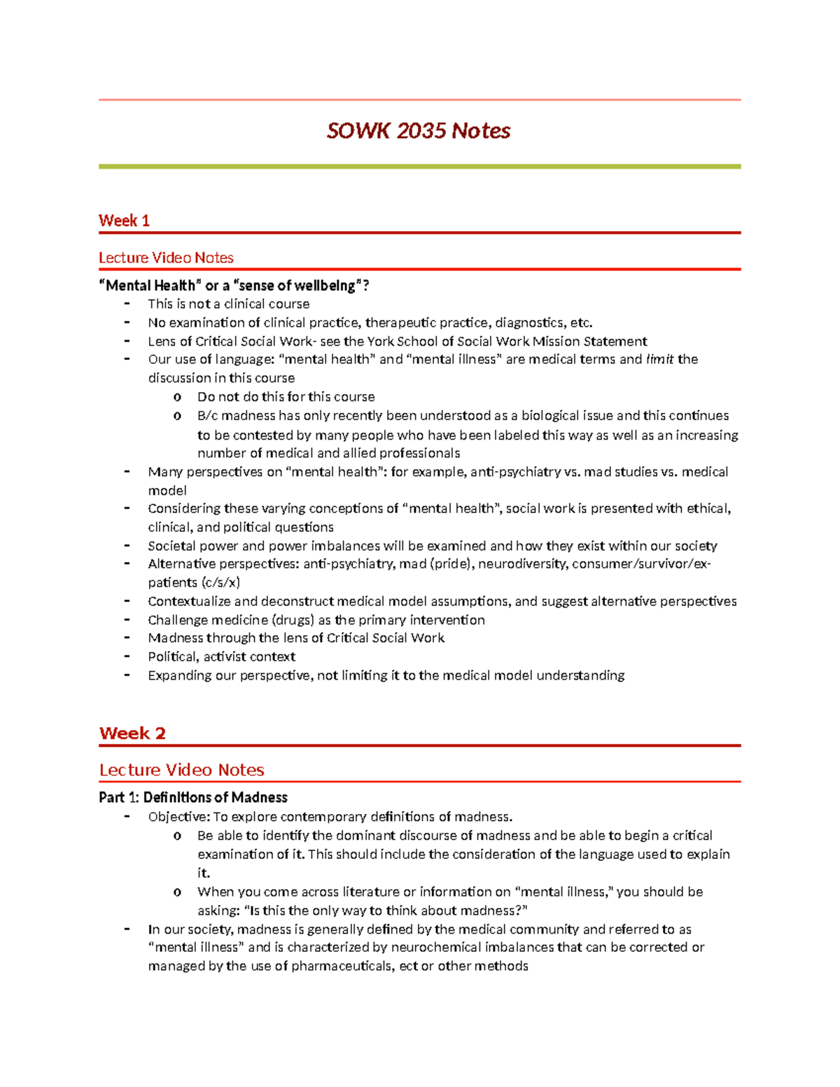 SOWK 2035 Notes - SOWK 2035 Notes Week 1 Lecture Video Notes “Mental ...