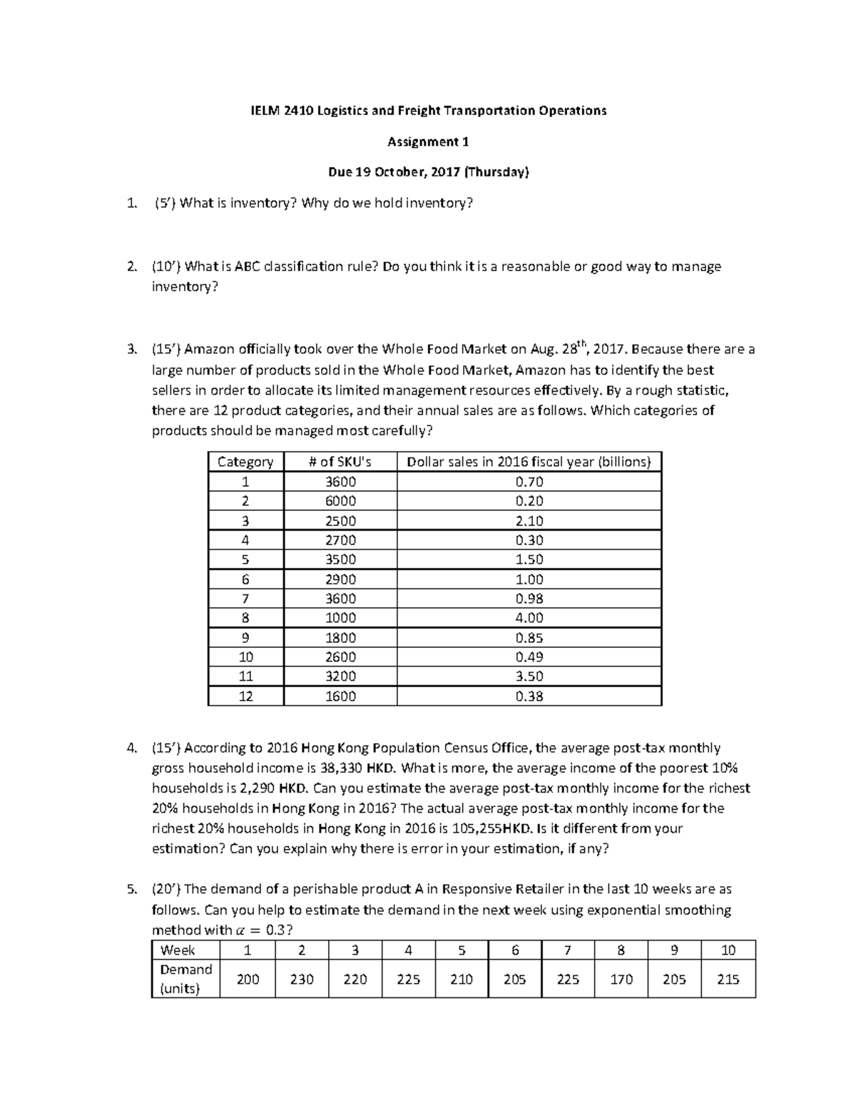 Assignment 1 - ABC classification rule - IELM 2410 Logistics and ...