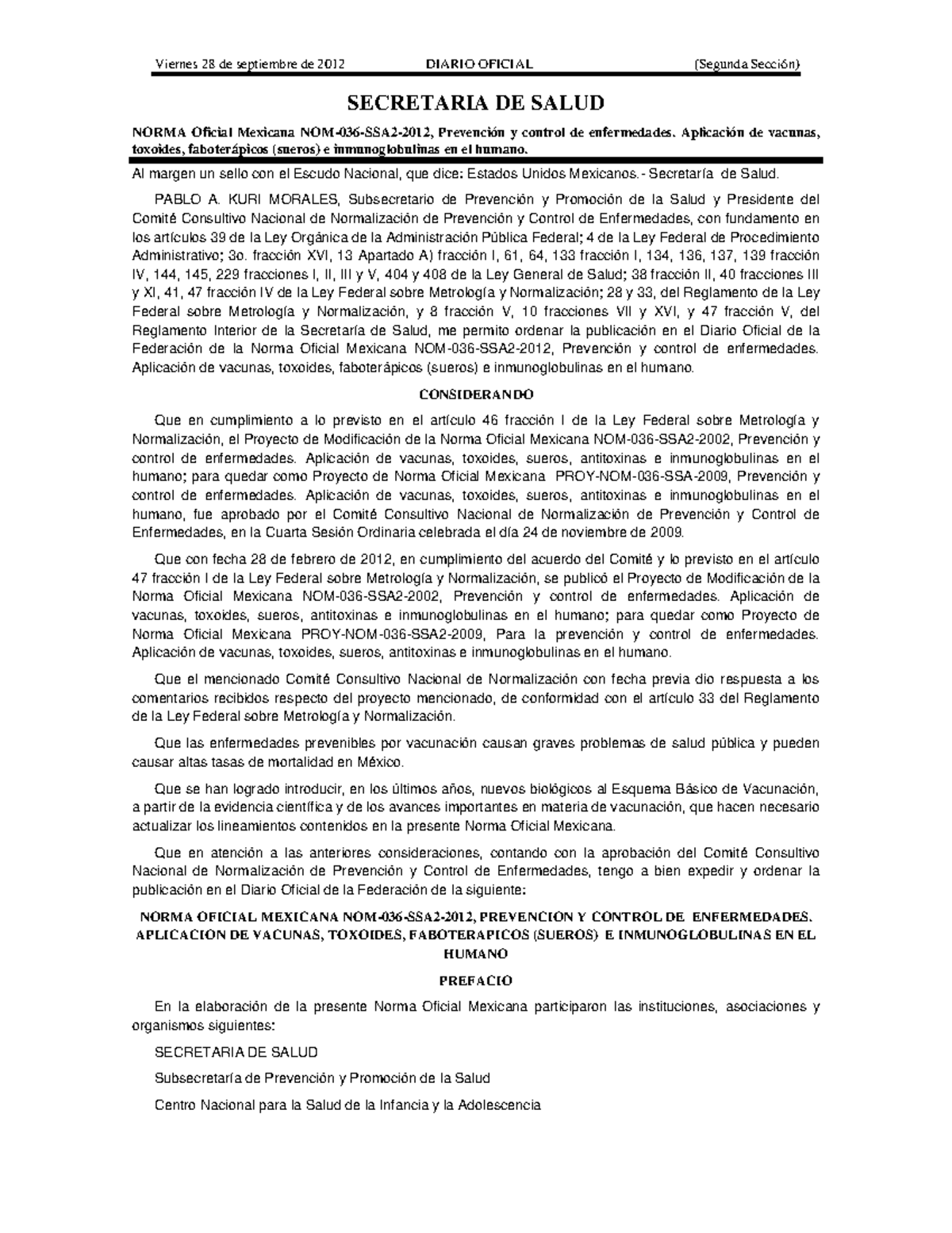 NOM-036-SSA2-2012 - Norma de enfermería que trata sobre como dar ...