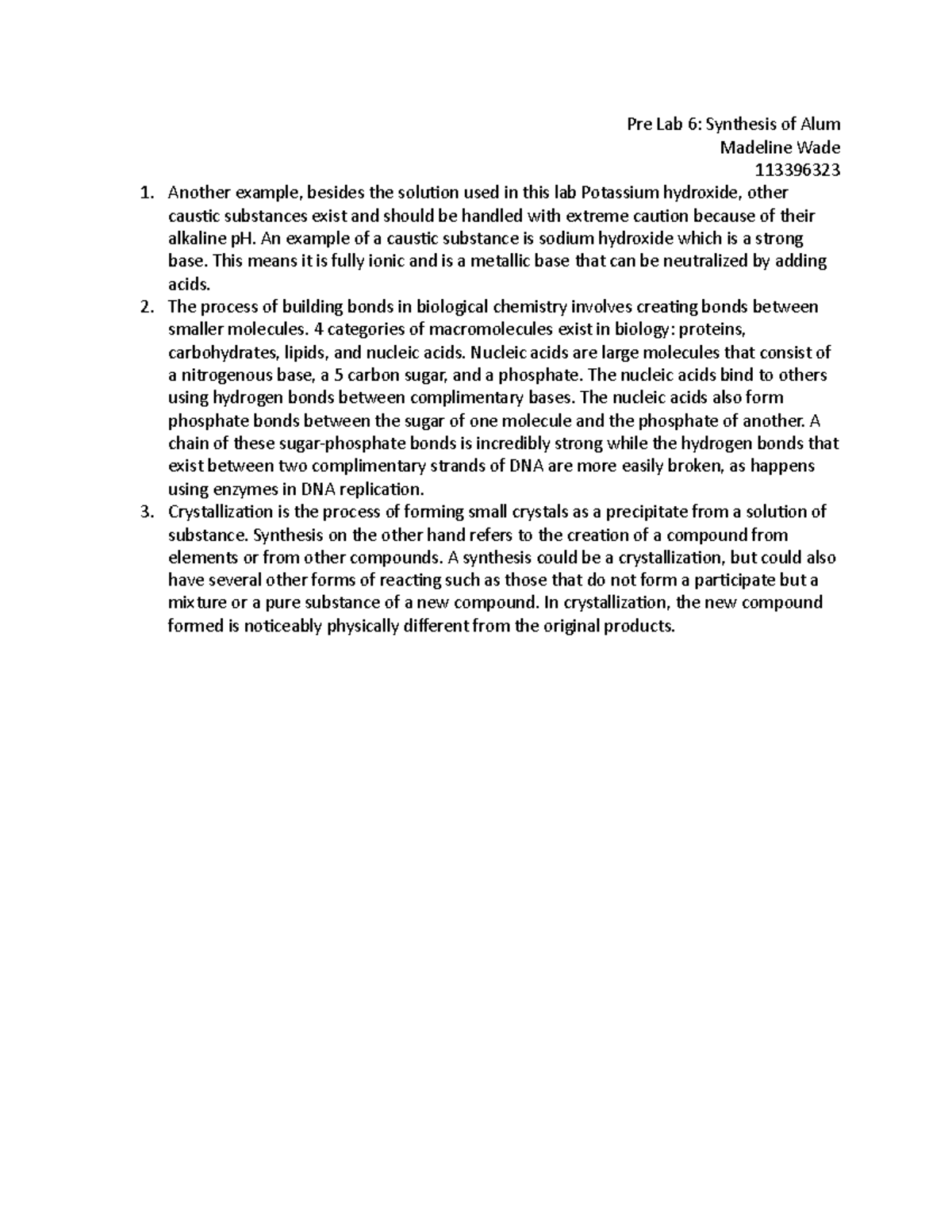 Pre Lab 6 - Pre Lab 6: Synthesis of Alum - Pre Lab 6: Synthesis of Alum ...