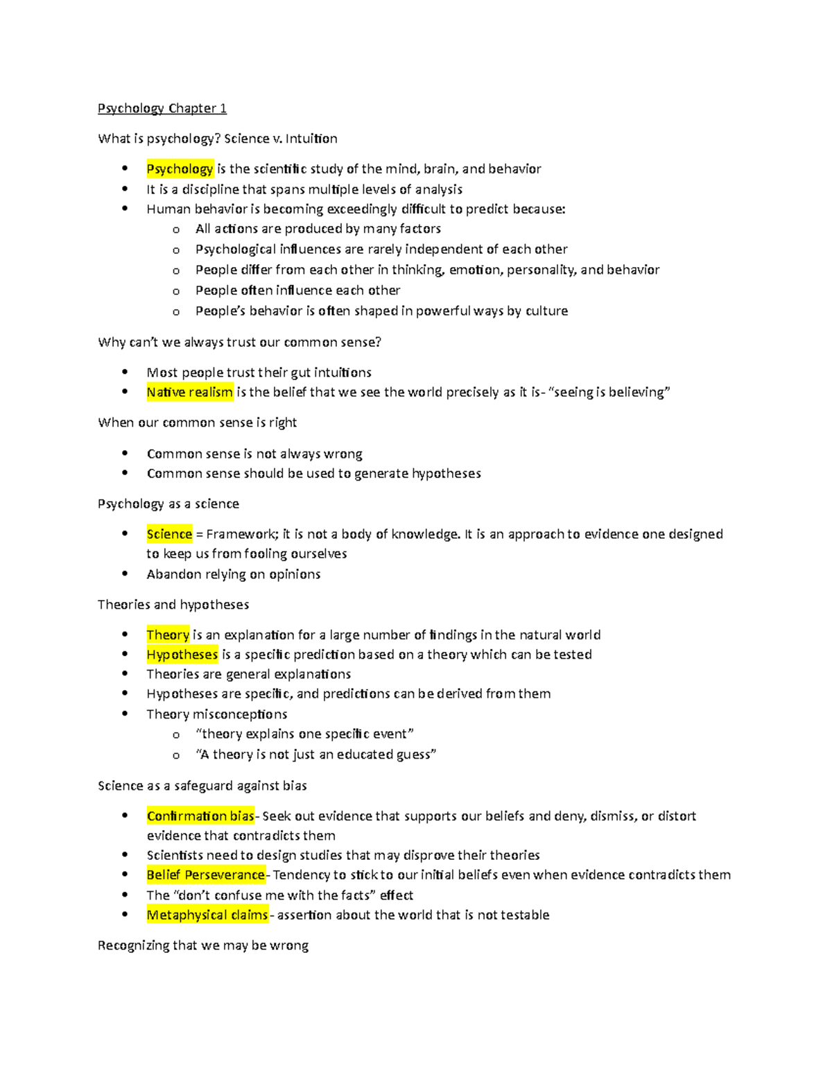 Psychology Chapter 1 Notes - Psychology Chapter 1 What is psychology ...