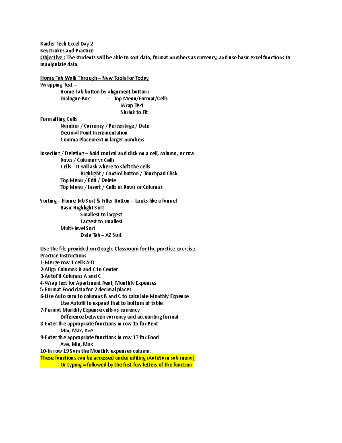 Excel L2 - Worksheet - Raider Tech Excel Day 2 Keystrokes and Practice ...