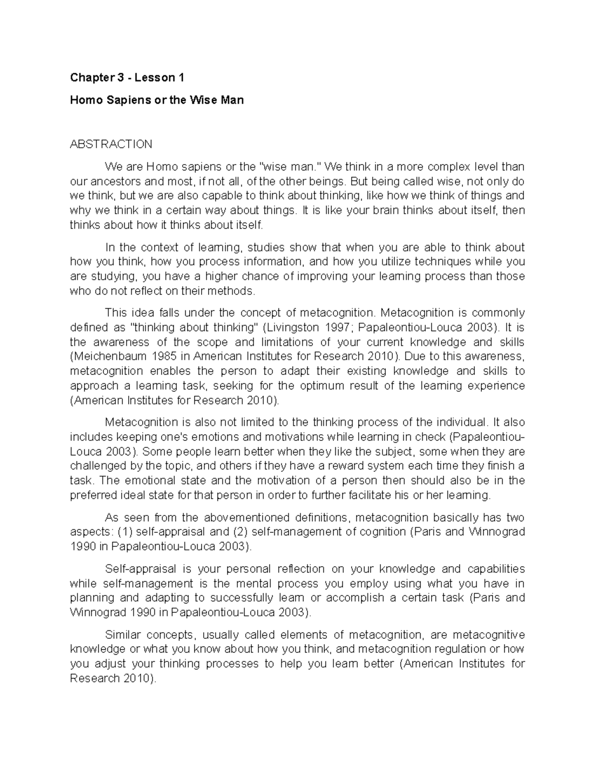 Homo Sapiens or the Wise Man - Chapter 3 - Lesson 1 Homo Sapiens or the ...