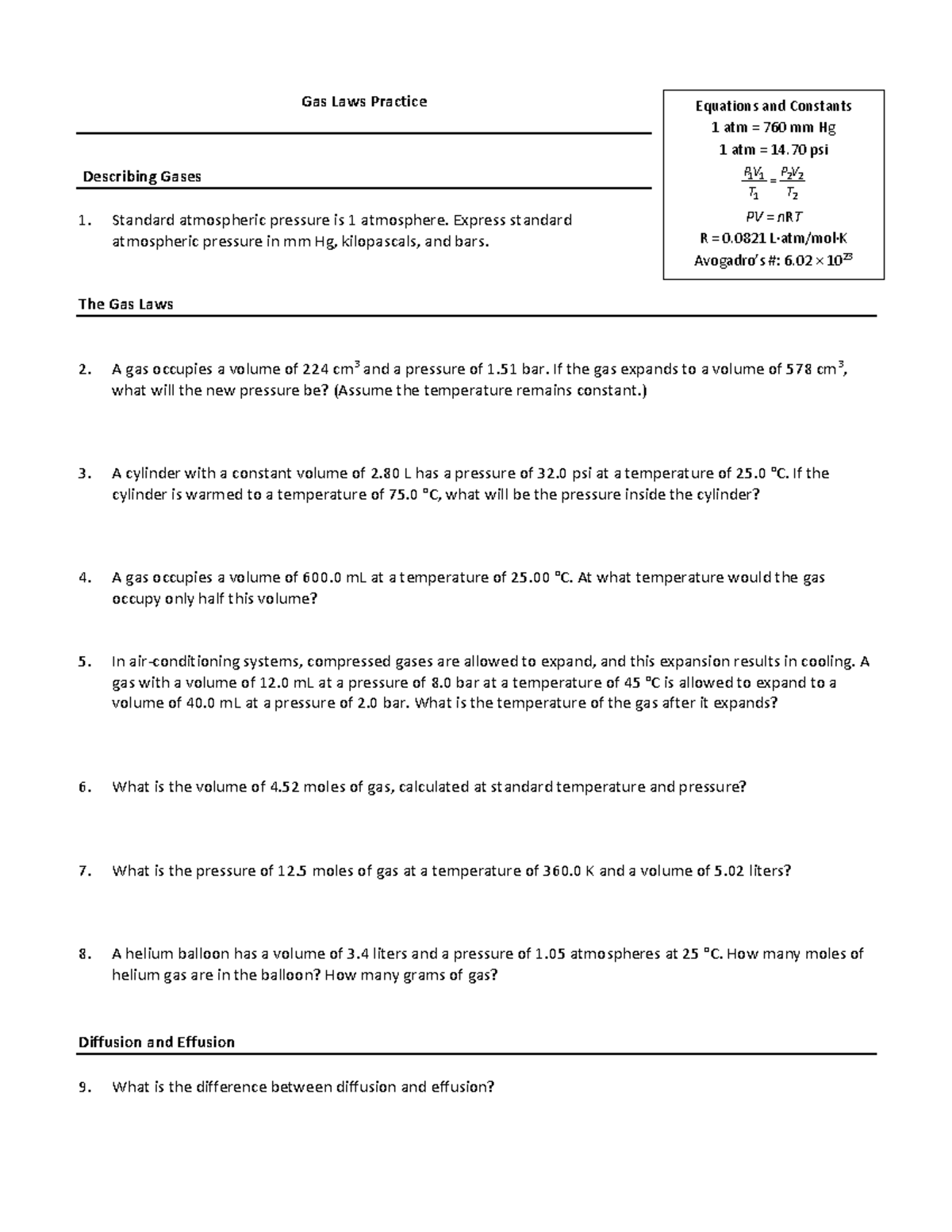 Gas Laws Extra Practice - Gas Laws Practice Describing Gases Standard ...