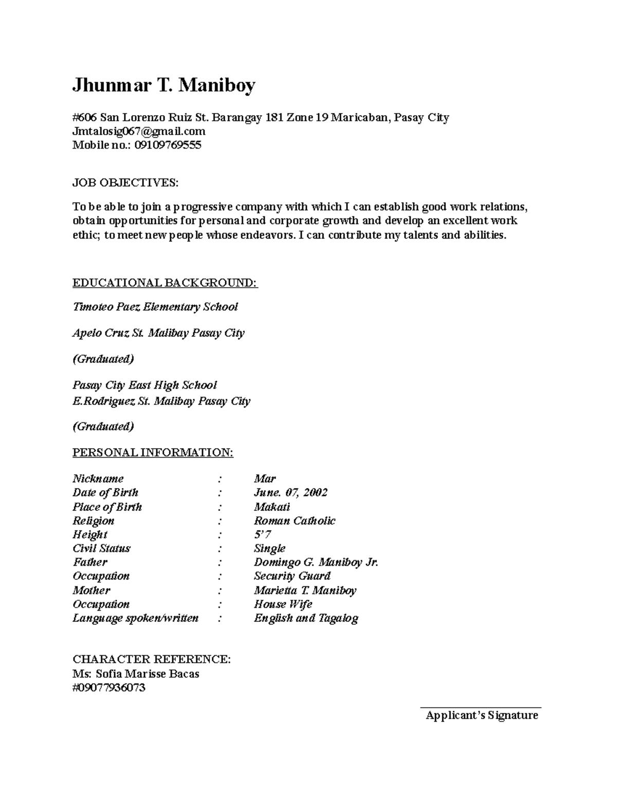 Mcdo-Resume - Jhunmar T. Maniboy #606 San Lorenzo Ruiz St. Barangay 181 ...