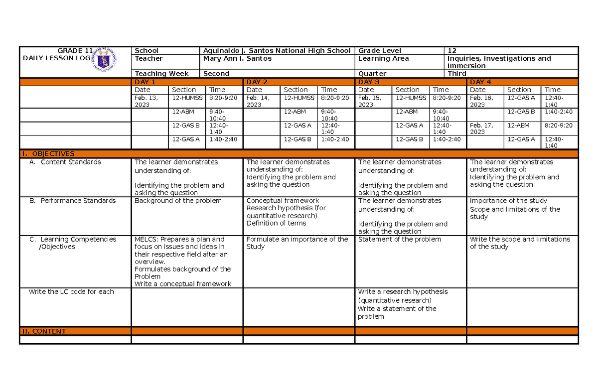 I3-2nd WEEK DLL - lesson plan - GRADE 11 DAILY LESSON LOG School ...