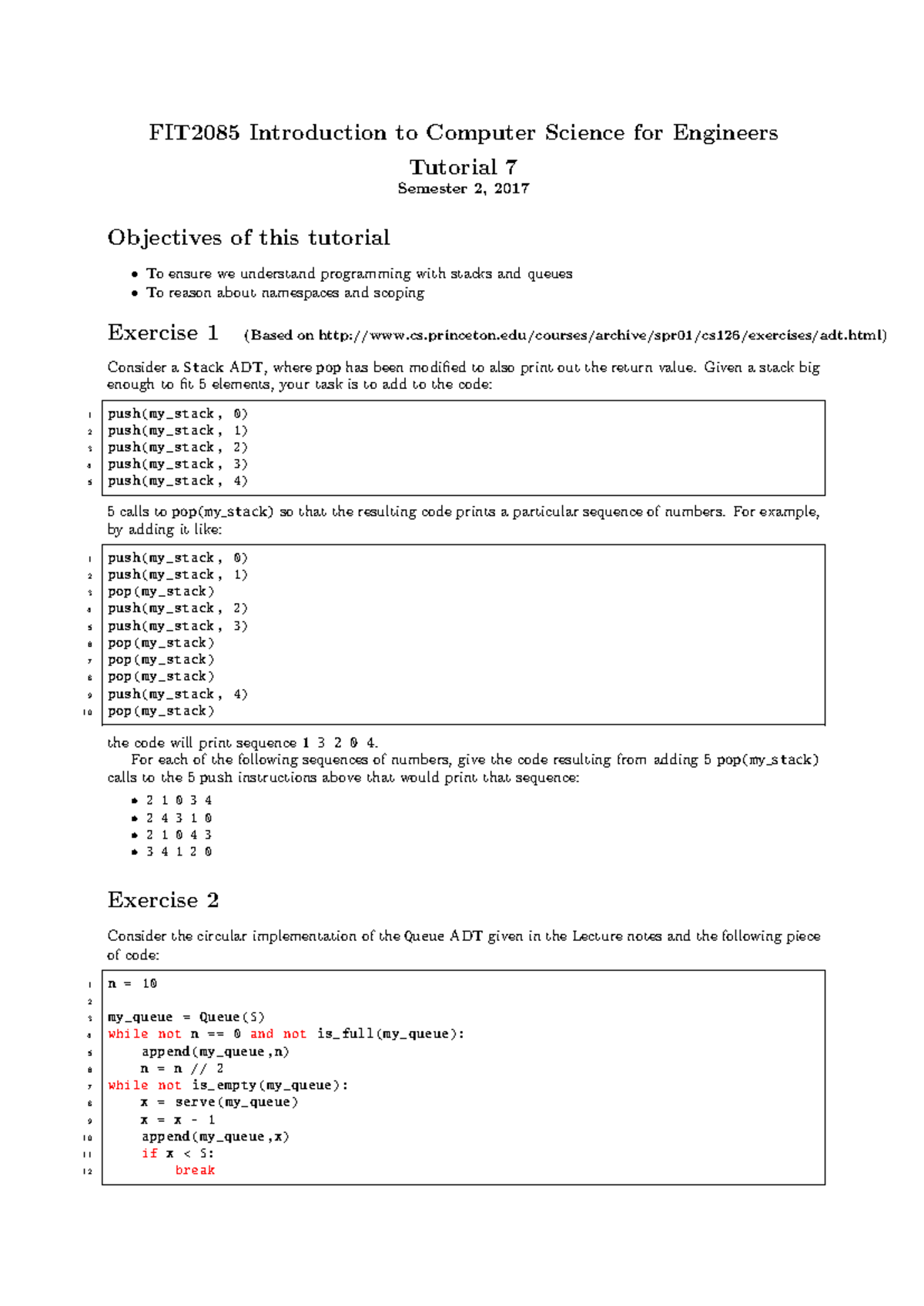 Tute7 - Tutorial Questions for wk 6 FIT2085 - FIT2085 Introduction to Computer Science for ...