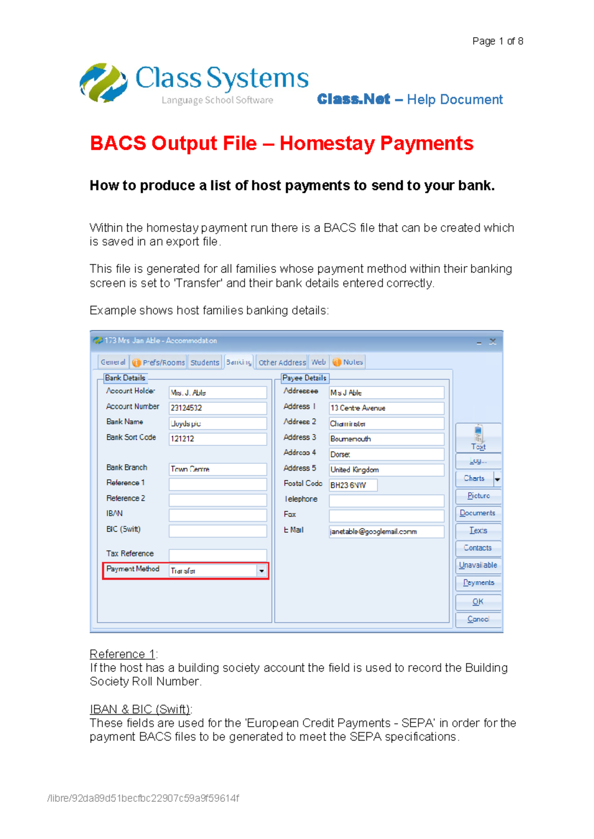HS192 Homestay Payments - BACS Output File - Class – Help Document BACS ...