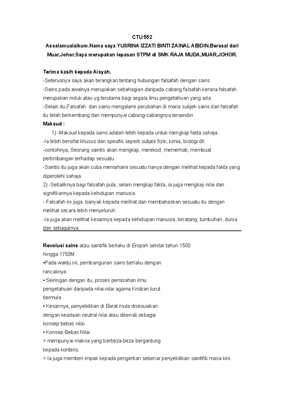 Nota pp - ctu 552 - CTU 552 Assalamualaikum saya YUSRINA IZZATI BINTI ...