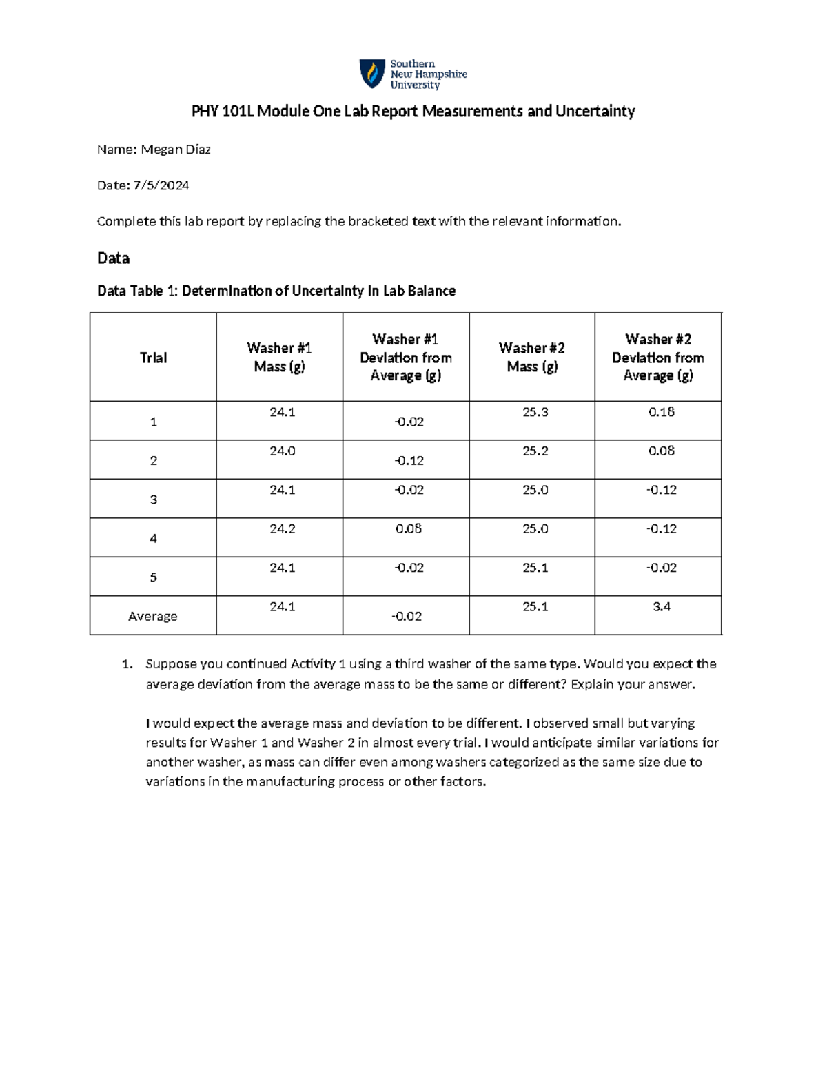 1-5 Lab: Measurements and Uncertainty - PHY 101L Module One Lab Report Measurements and ...