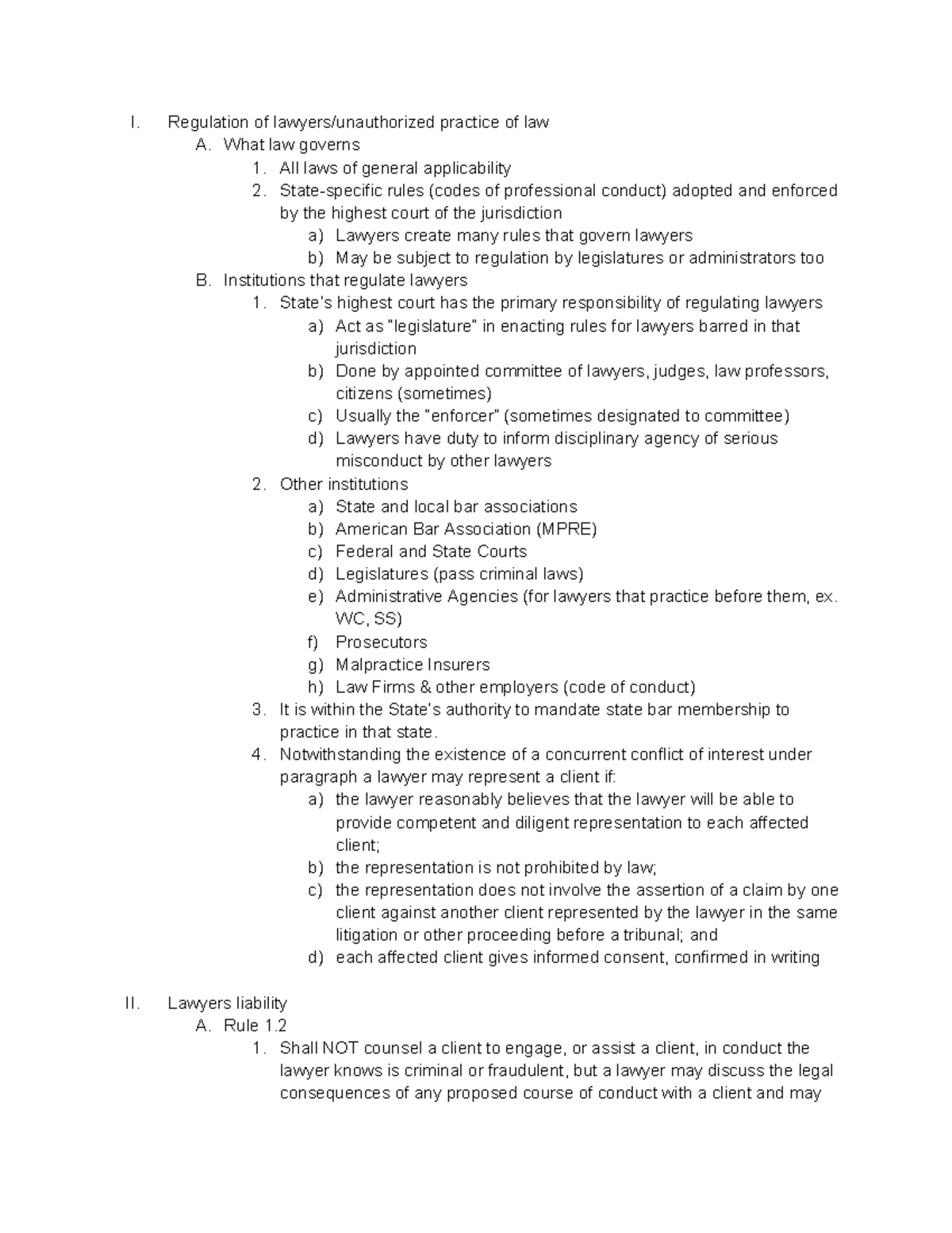 Professional Responsibility Outline - I. Regulation of lawyers ...