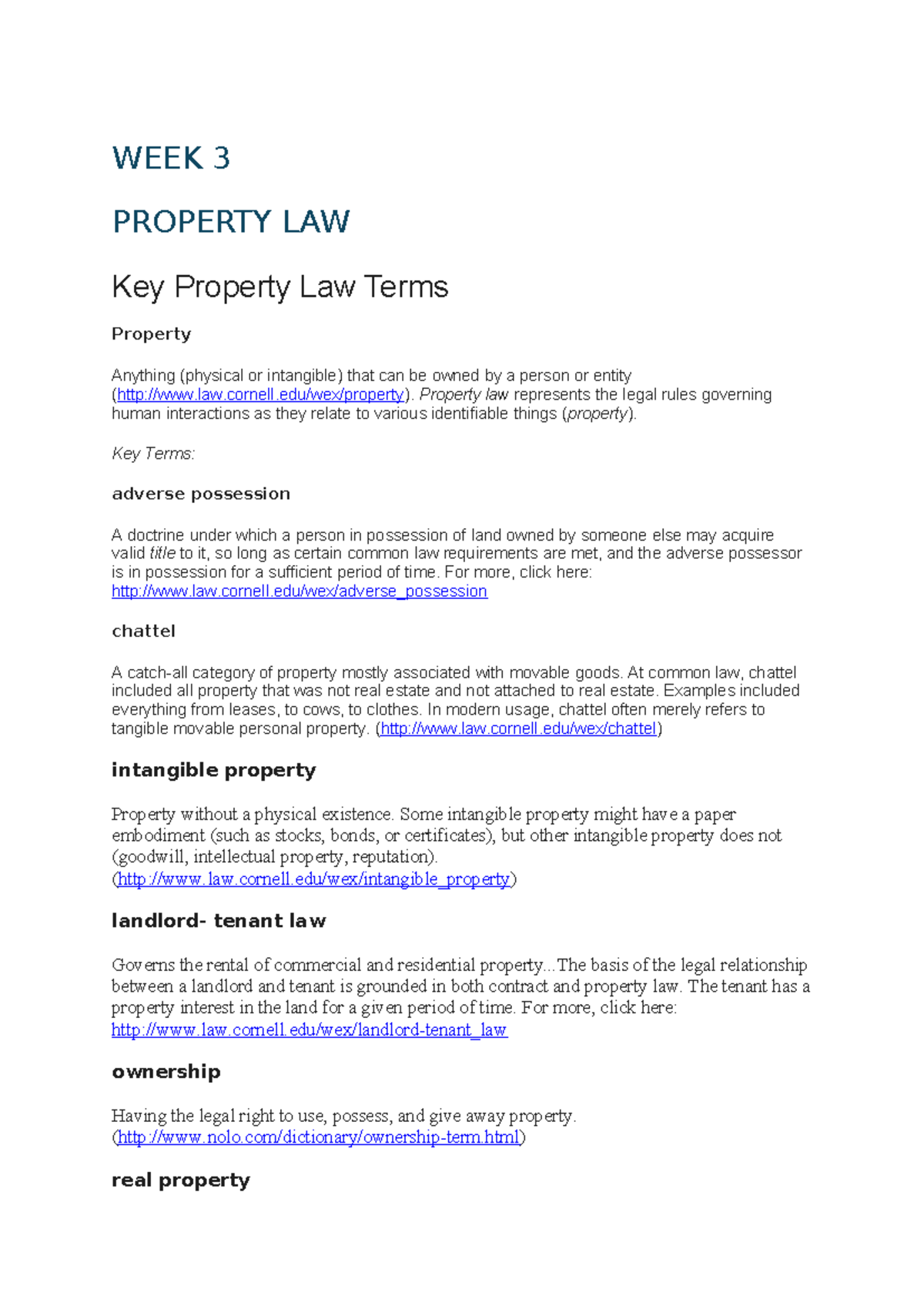 WEEK 3 - Introduction to American Law - Week 3 - WEEK 3 PROPERTY LAW ...