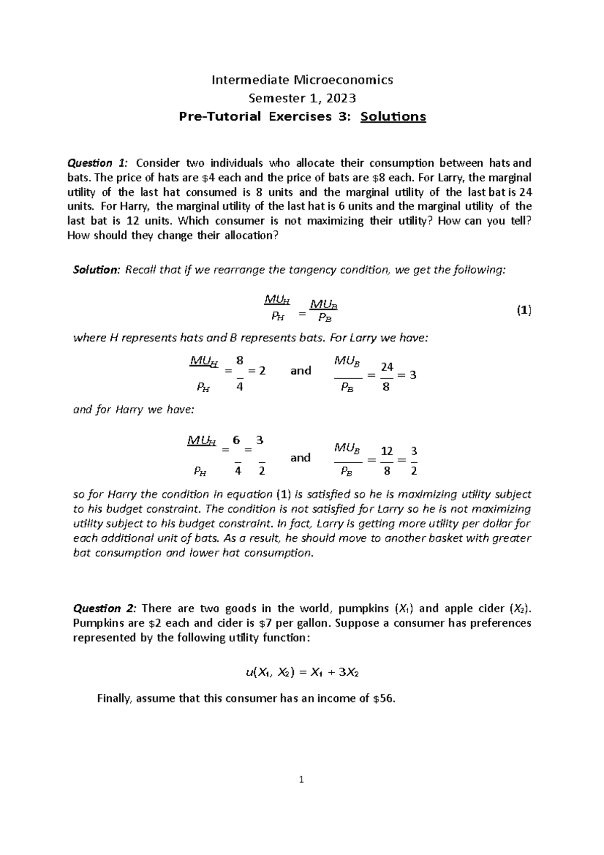 IM PRE T3 2023 Solutions - 1 Intermediate Microeconomics Semester 1, 2023 Pre-Tutorial Exercises ...