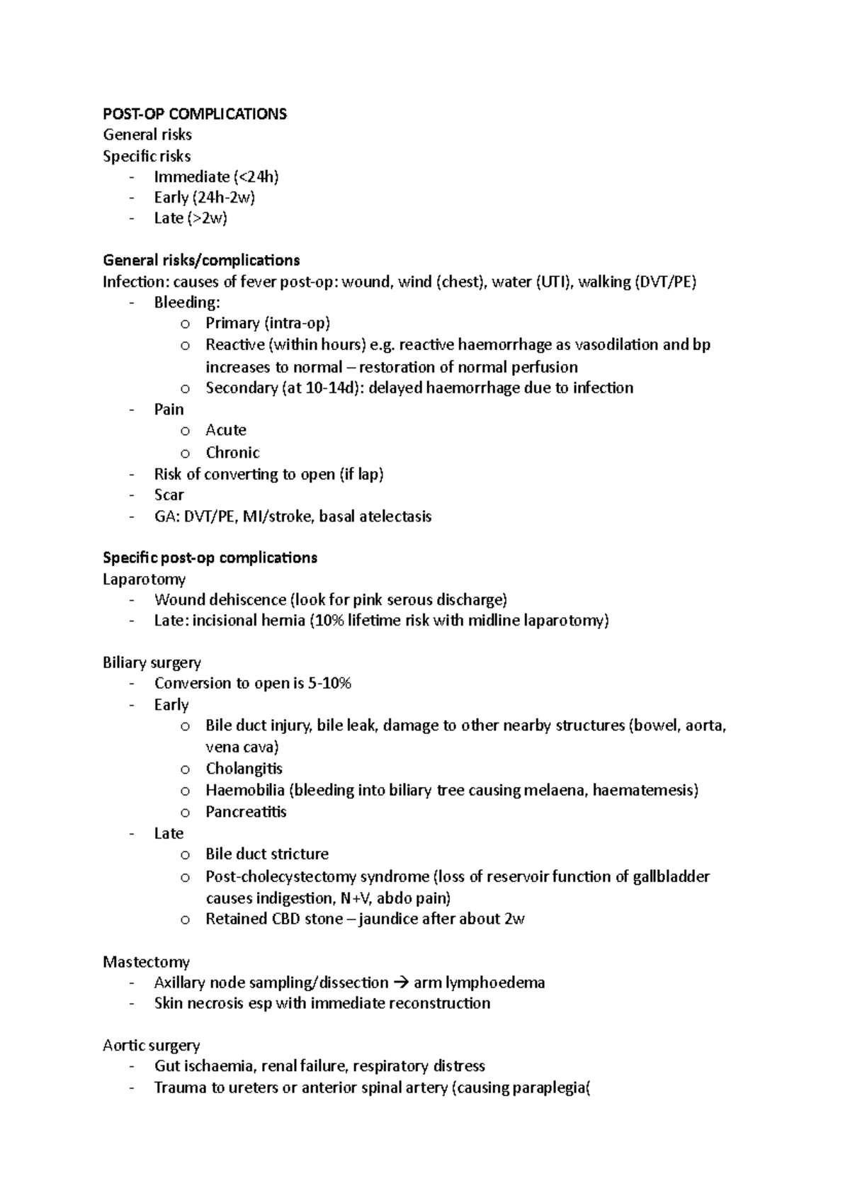 Finals notes on post-op complications - POST-OP COMPLICATIONS General ...