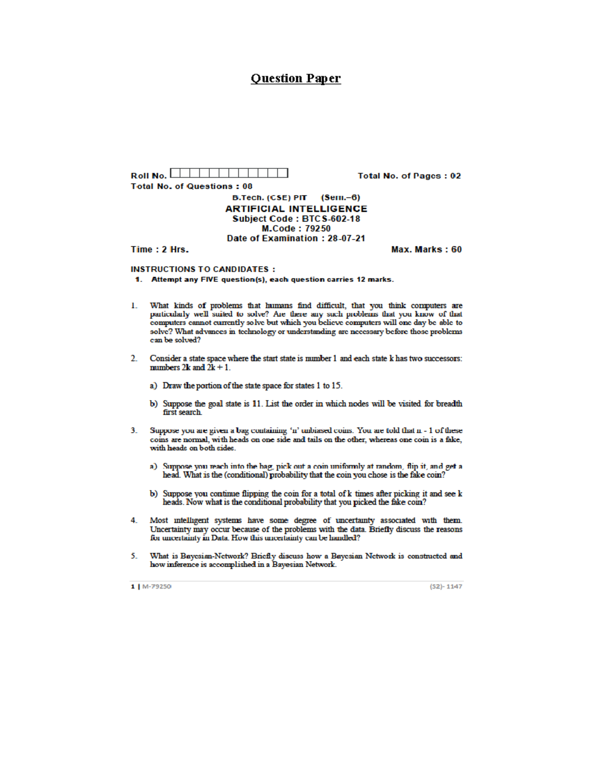 PTU Paper 2021 - Artificial Intelligence - Question Paper - Studocu