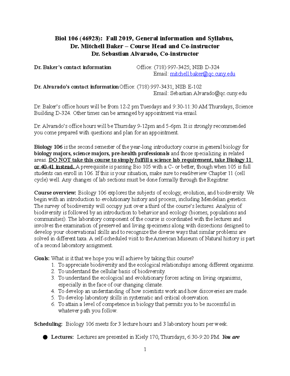 Biol 106 Syllabus F'19 - Biol 106 (46928): Fall 2019, General ...