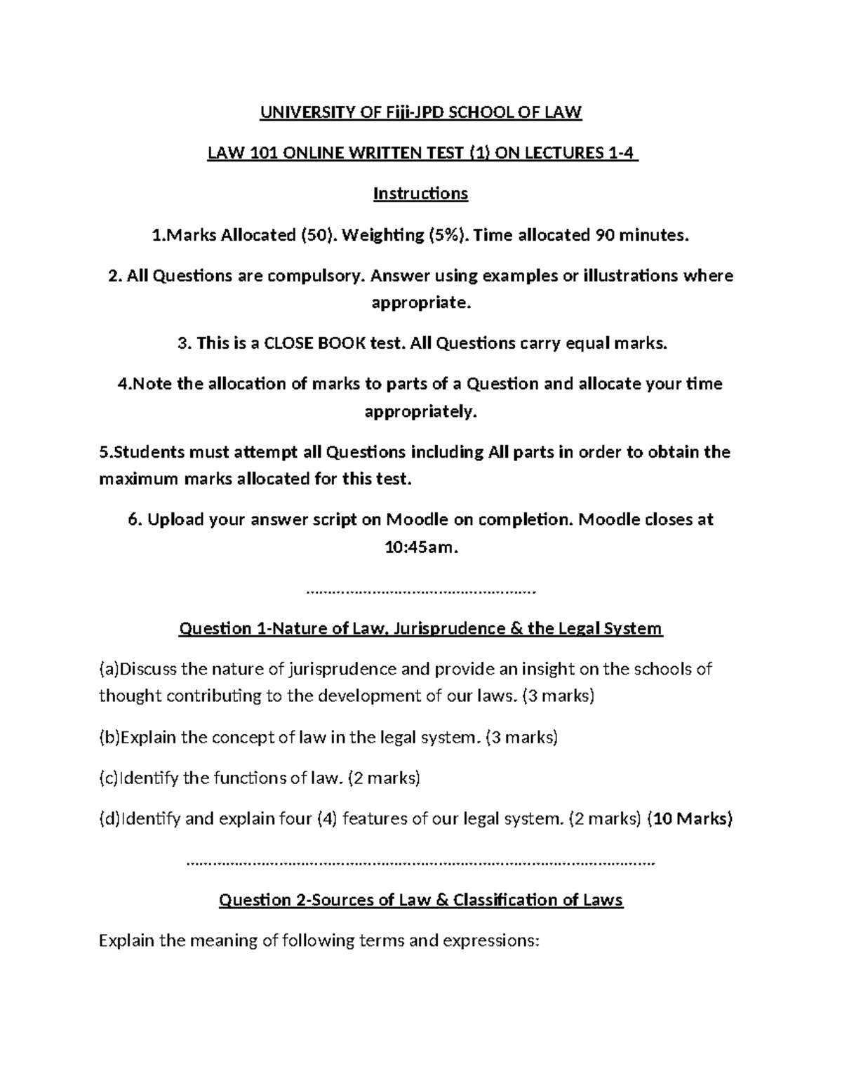 LAW 101 Written TEST 1-2023 (1) - UNIVERSITY OF Fiji-JPD SCHOOL OF LAW ...