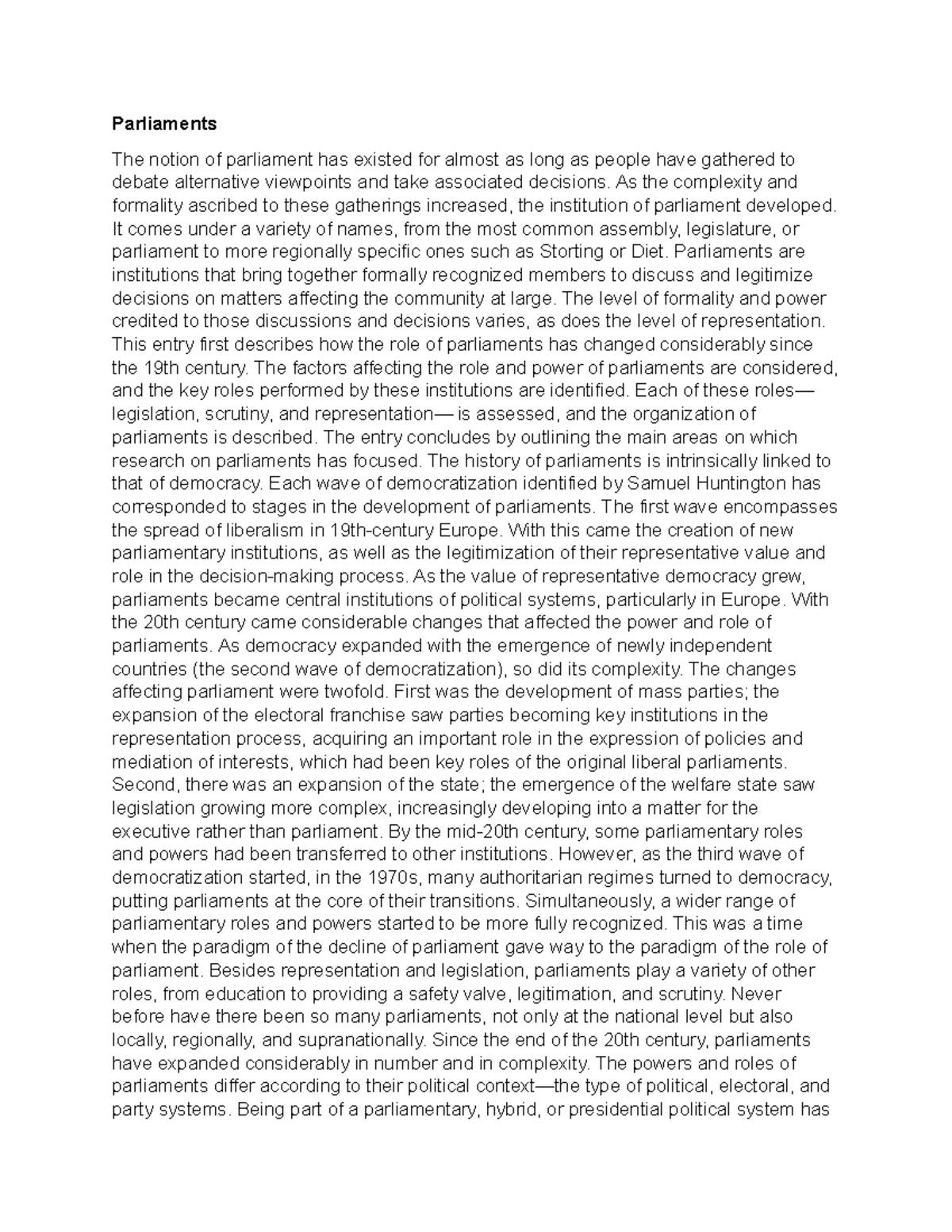 Parliaments - Parliaments The notion of parliament has existed for ...