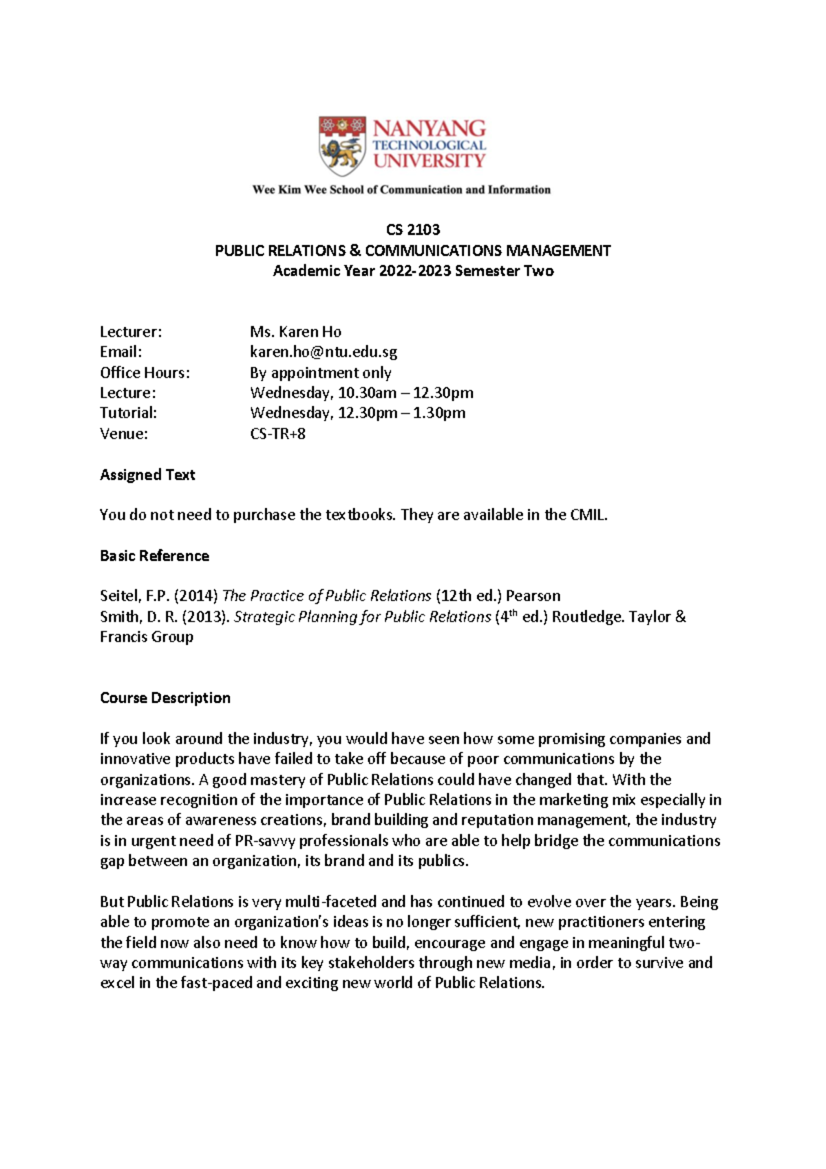 Syllabus For Module CS2103 Sem 2 22-23 - CS 2103 PUBLIC RELATIONS ...