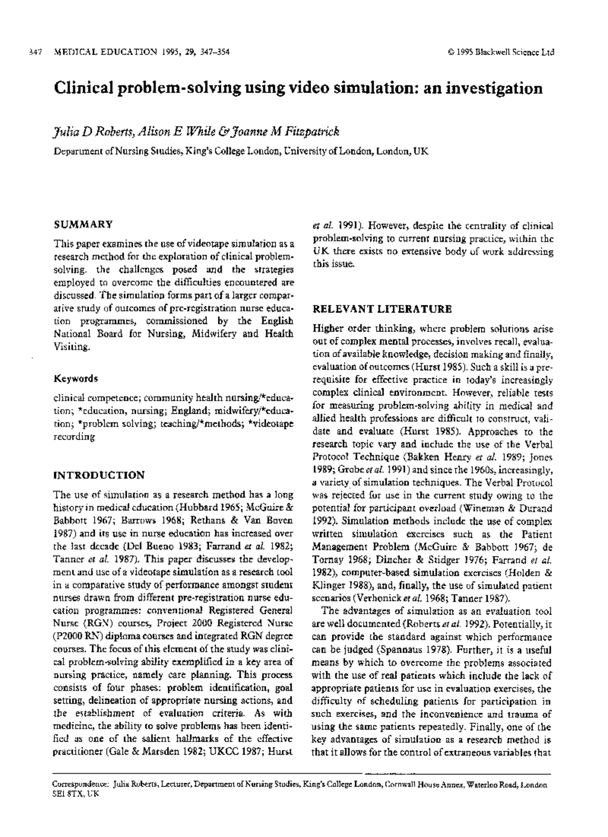 Clinical problem solving using video sim - 347 MEDICAL EDUCATION 1995 ...