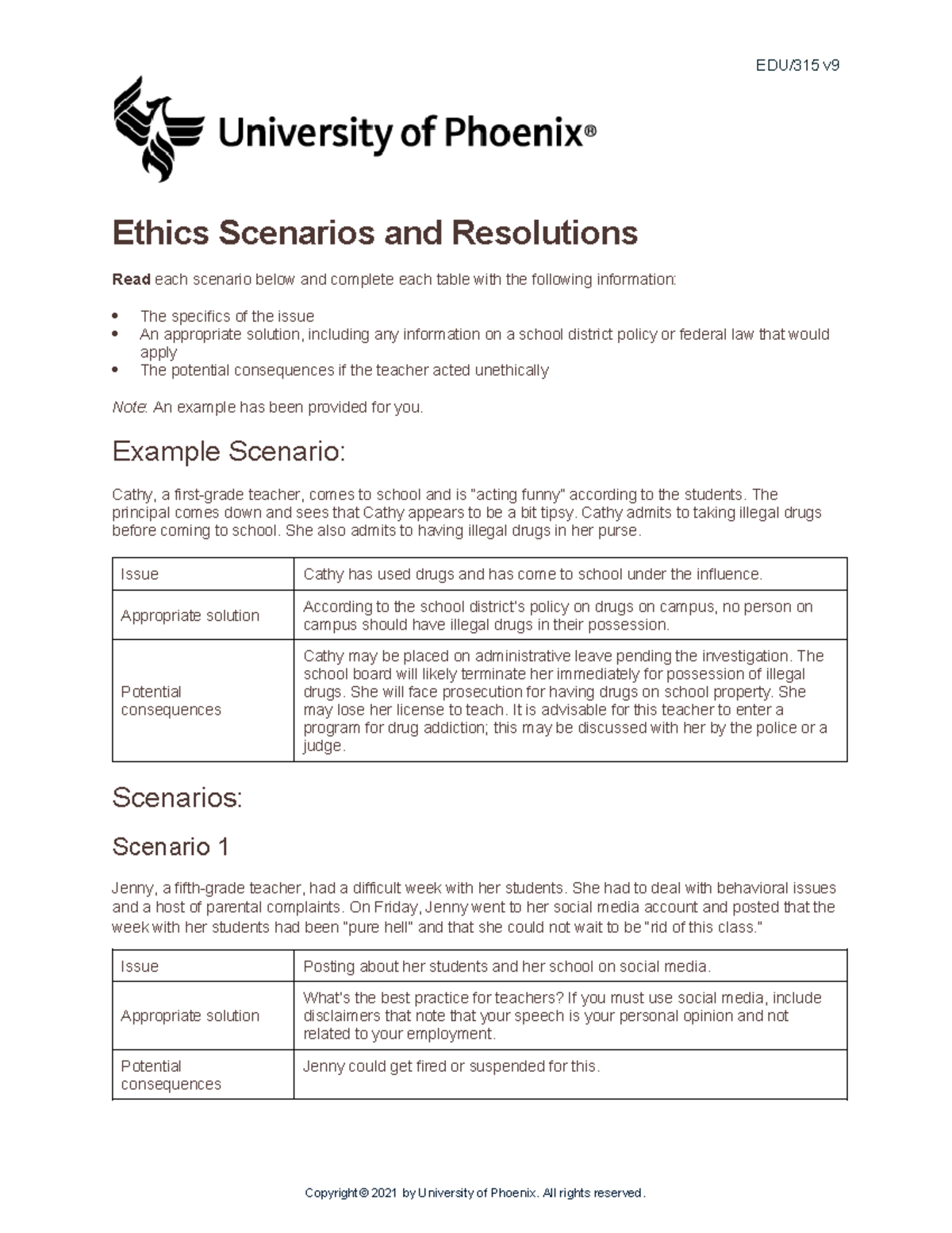 Week 4 ethics worksheet - EDU/315 v Ethics Scenarios and Resolutions ...