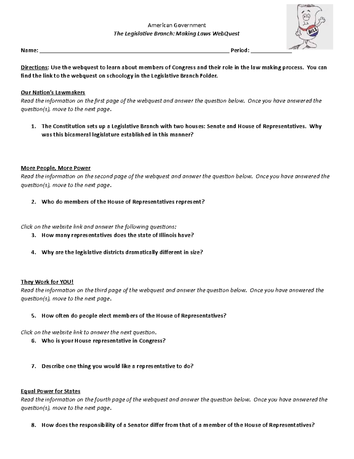 Congressional Web Quest 2019 - American Government The Legislative ...