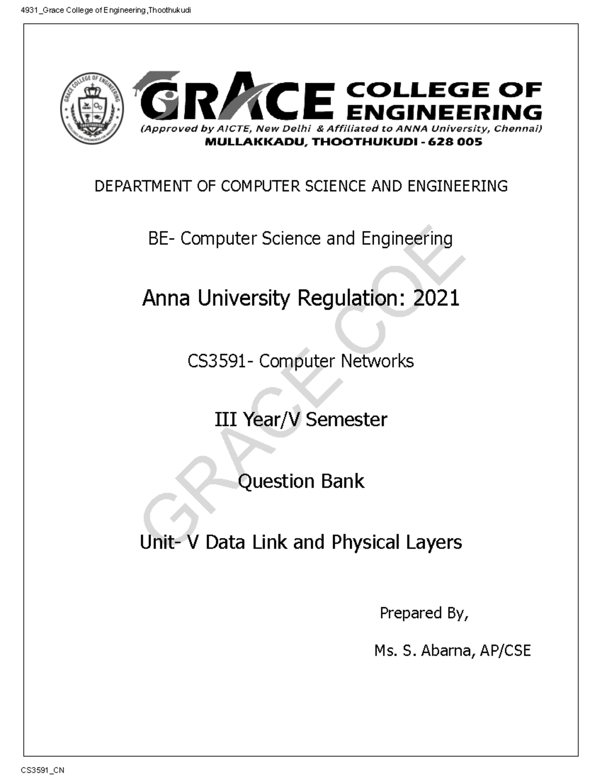 V CSE CS3591 CN QB Unit5 - Computer network problems - DEPARTMENT OF COMPUTER SCIENCE AND - Studocu