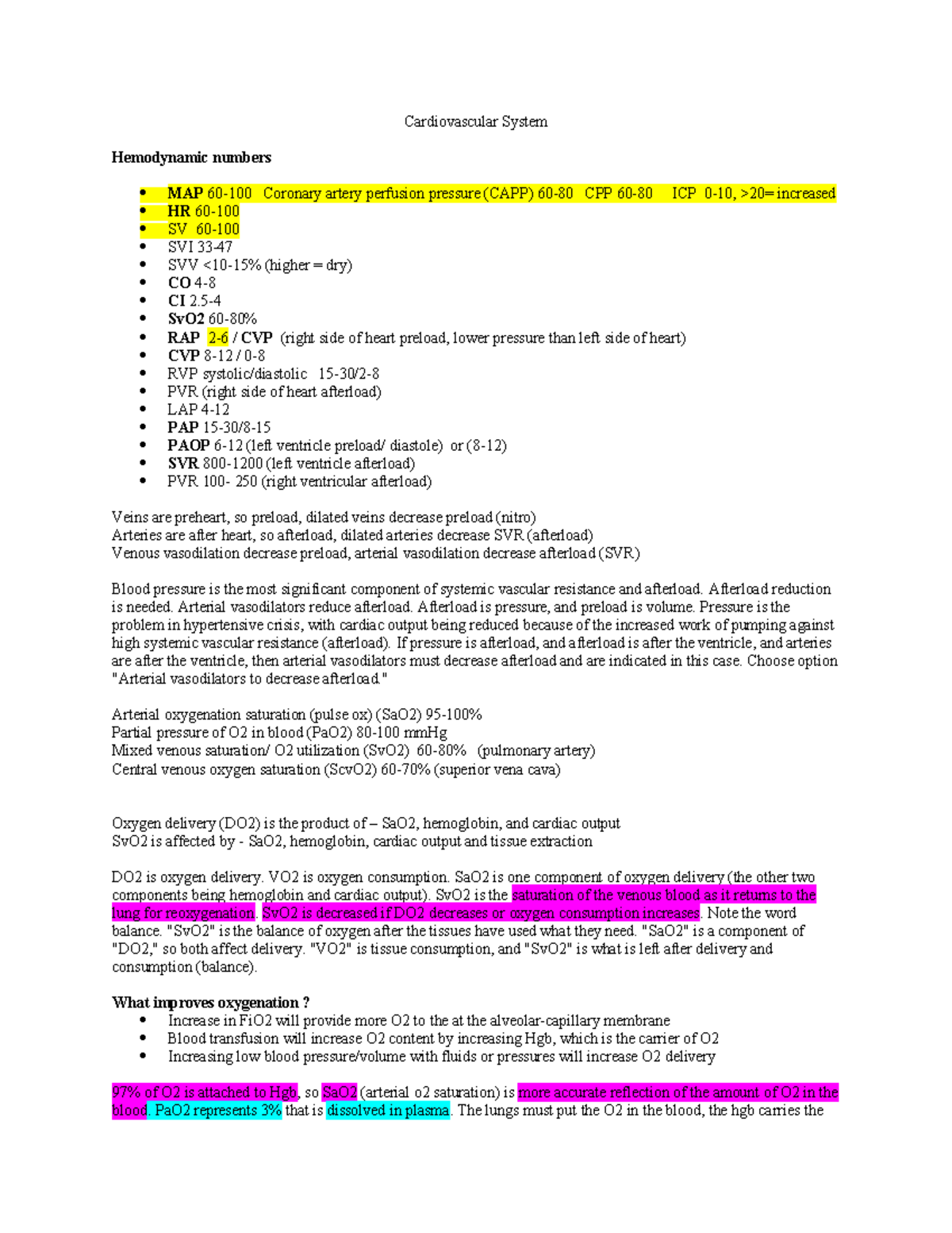 Ccrn review - Cardiovascular System Hemodynamic numbers MAP 60-100 ...