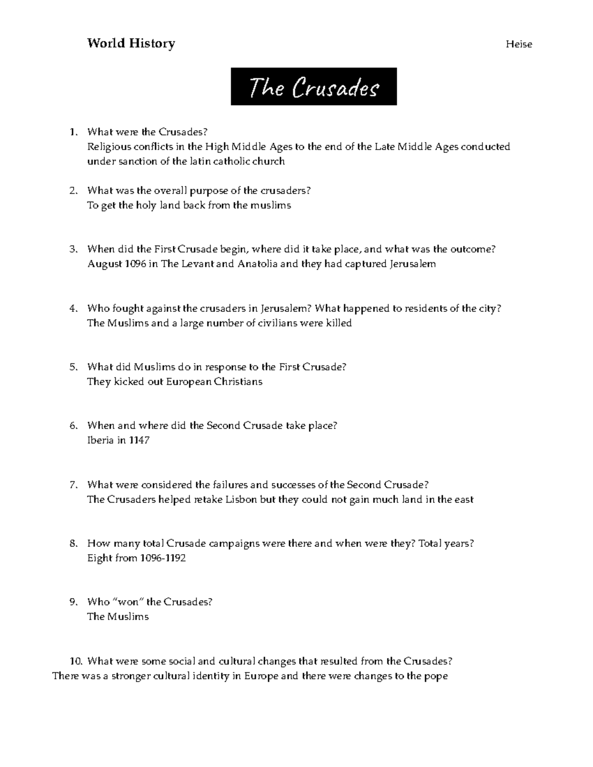 Copy of Crusades questions, 2023 24 - World History Heise The Crus ...
