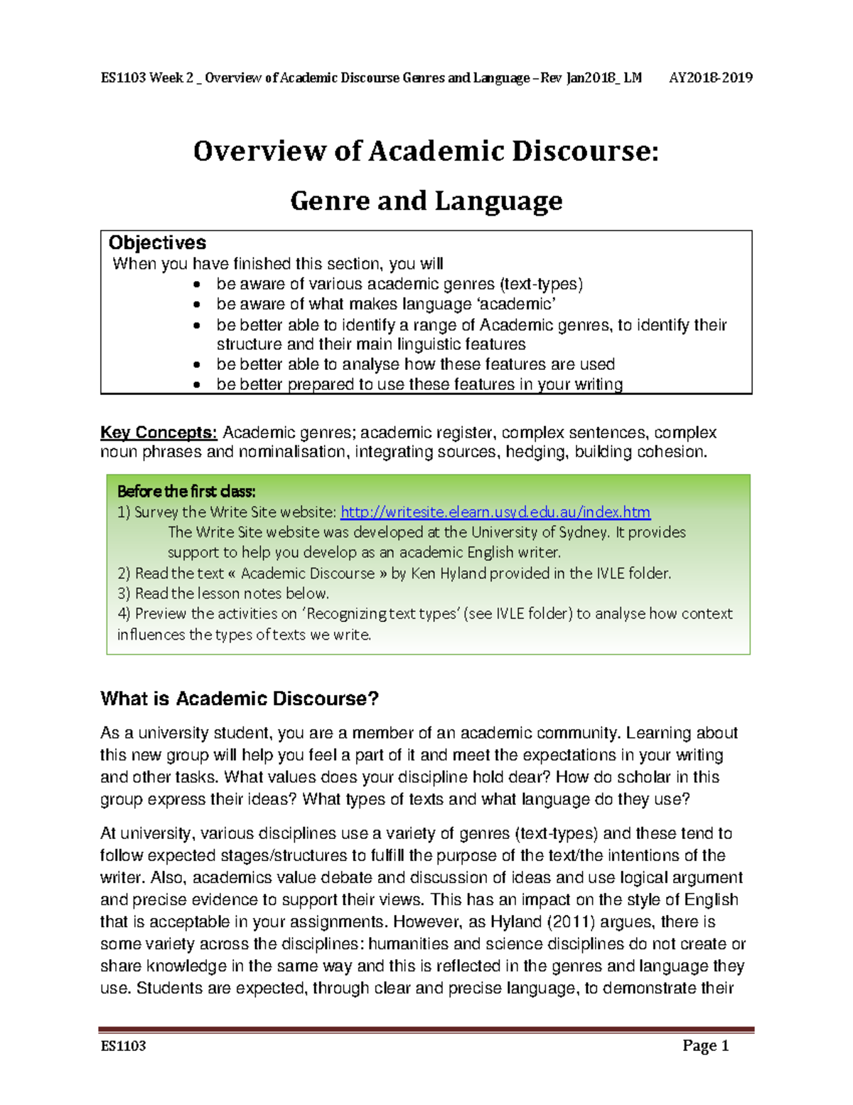 ES1103 Week 2 1 Overview of Academic Discourse Genres and Language ...