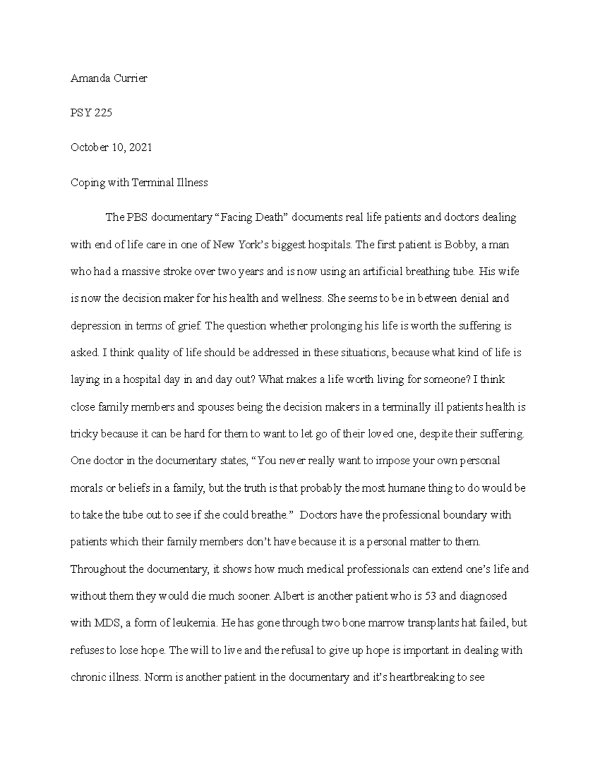 Coping with Terminal Illness - Amanda Currier PSY 225 October 10, 2021 ...