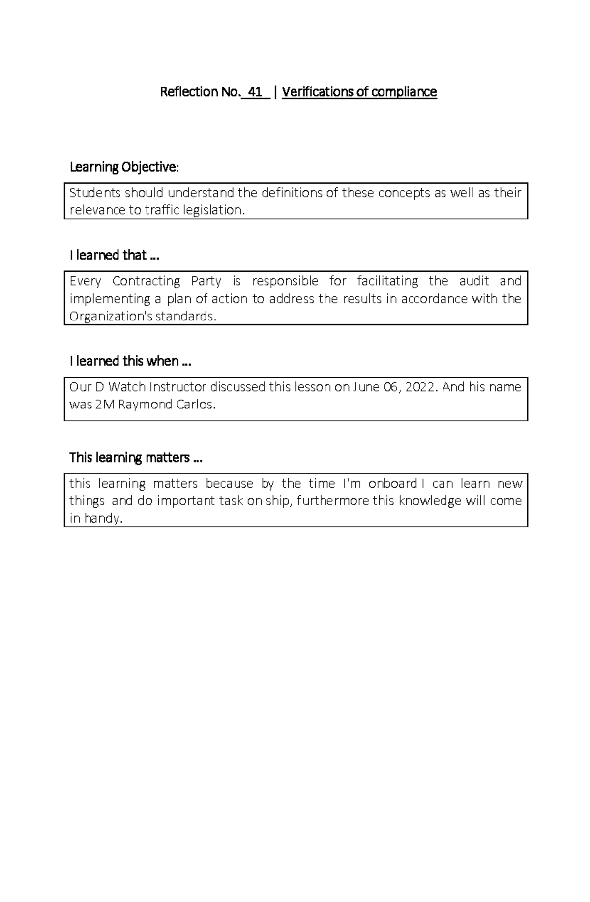 Rule 41 Reflection - Reflection No._ 41 _ | Verifications of compliance Learning Objective ...