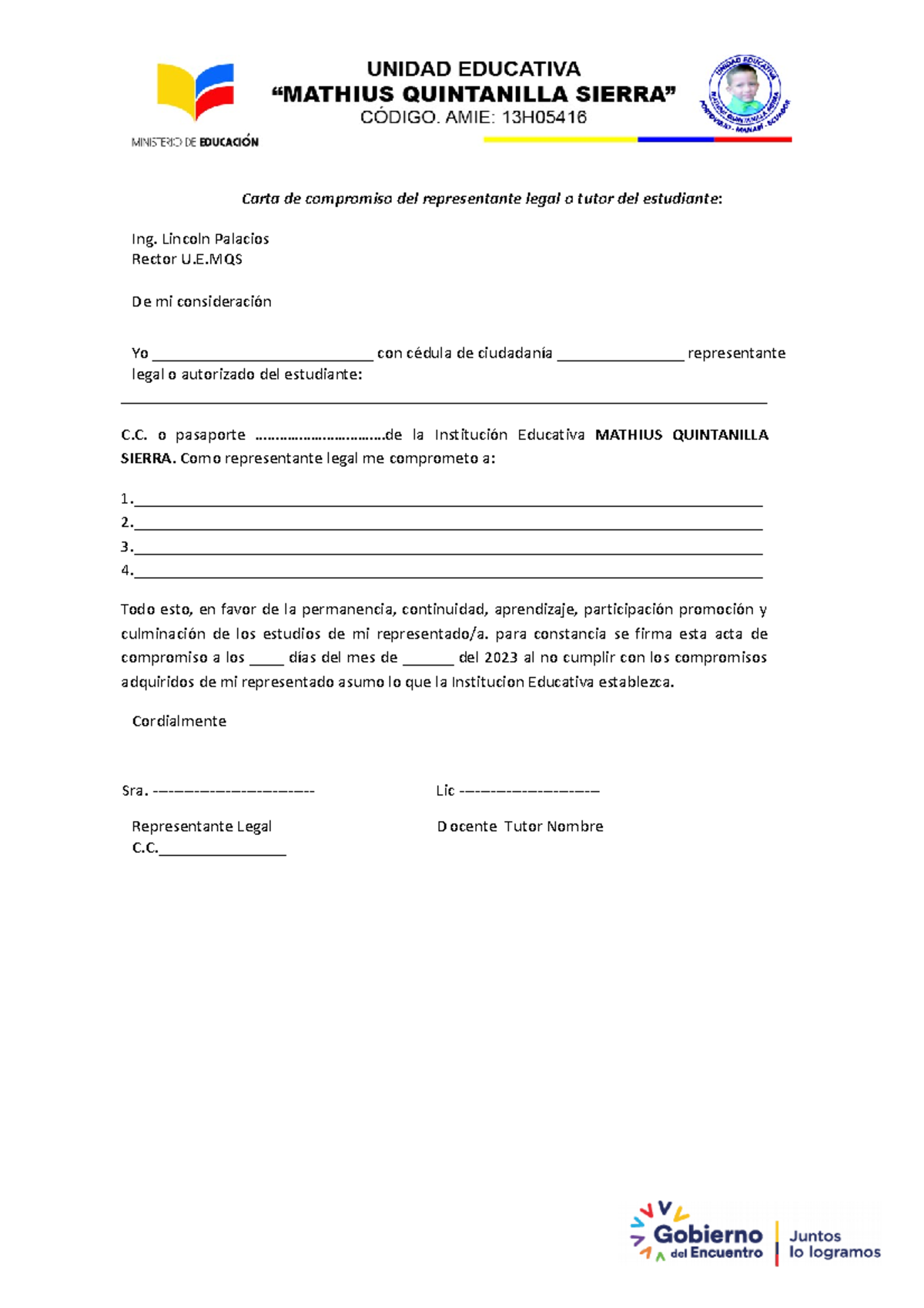 Carta DE Compromiso - Carta de compromiso del representante legal o ...