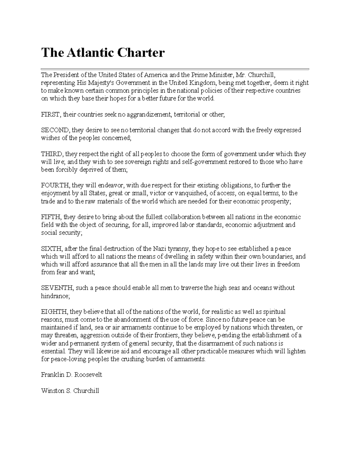 The Atlantic Charter - Churchill, representing His Majesty's Government ...