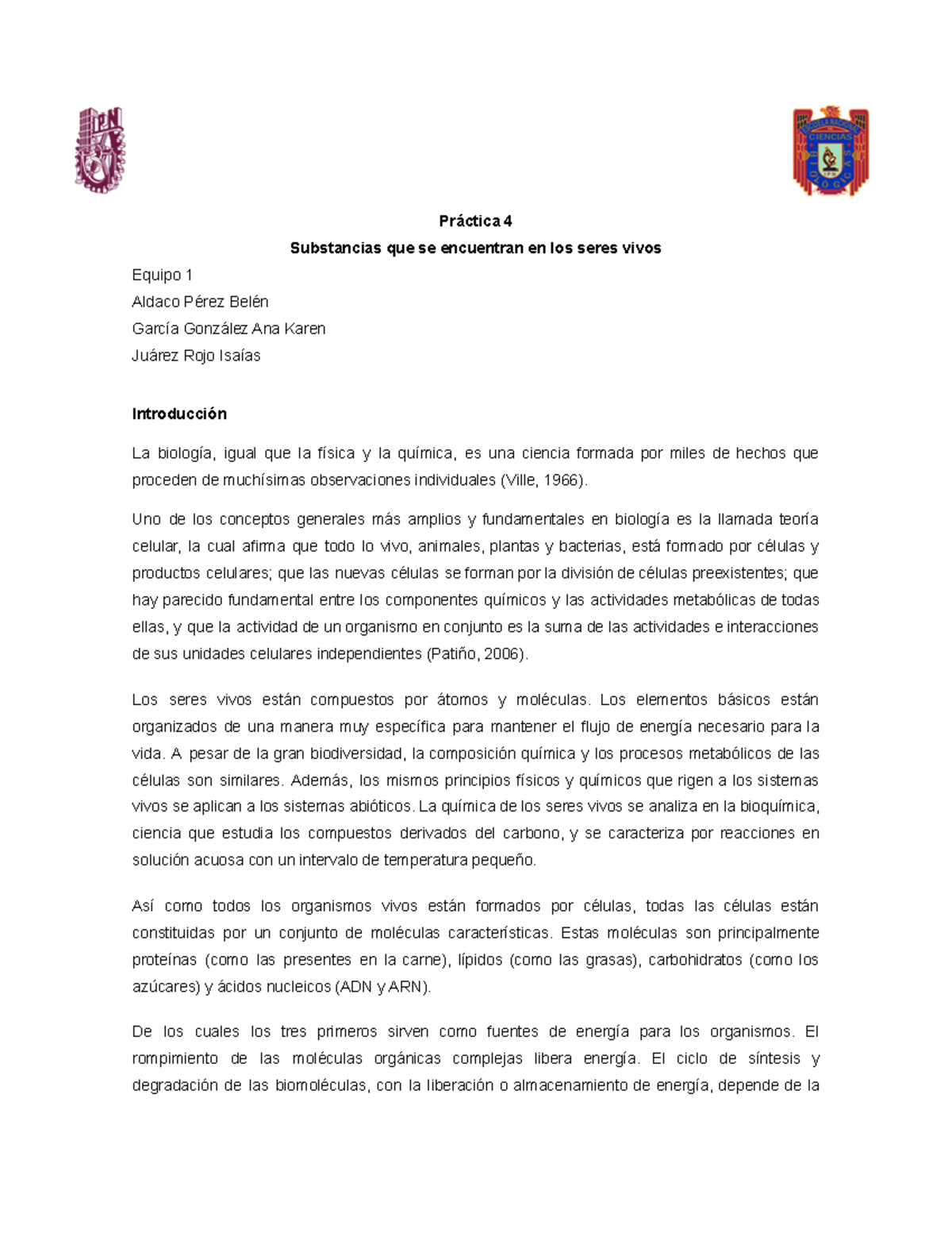 Informe 4 Sustancias que se encuentran en los seres vivos. - Práctica 4 Substancias que se - Studocu