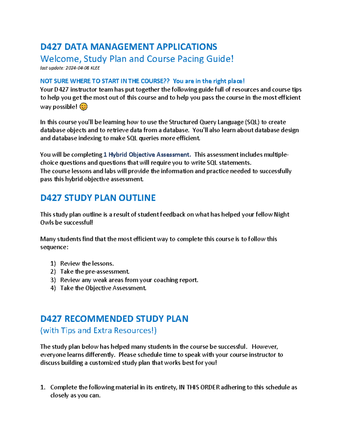 D427 Course Guide V2 - D427 DATA MANAGEMENT APPLICATIONS Welcome, Study ...