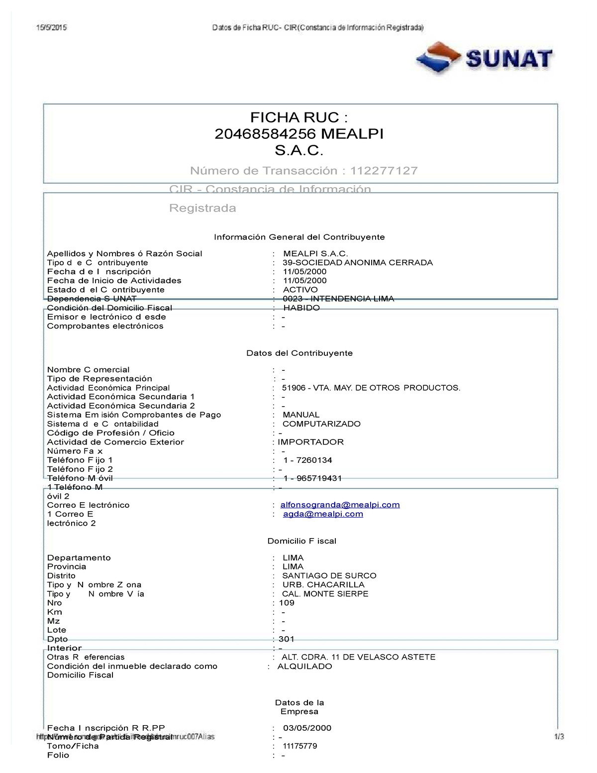 Ficha ruc peruano - FICHA RUC : 20468584256 MEALPI S.A. Número de ...