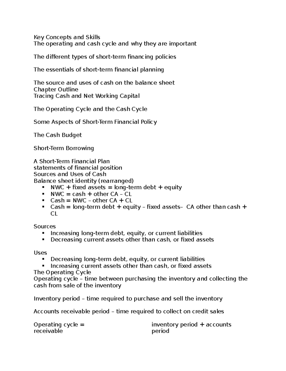 Short term finance and planning - Key Concepts and Skills The operating ...