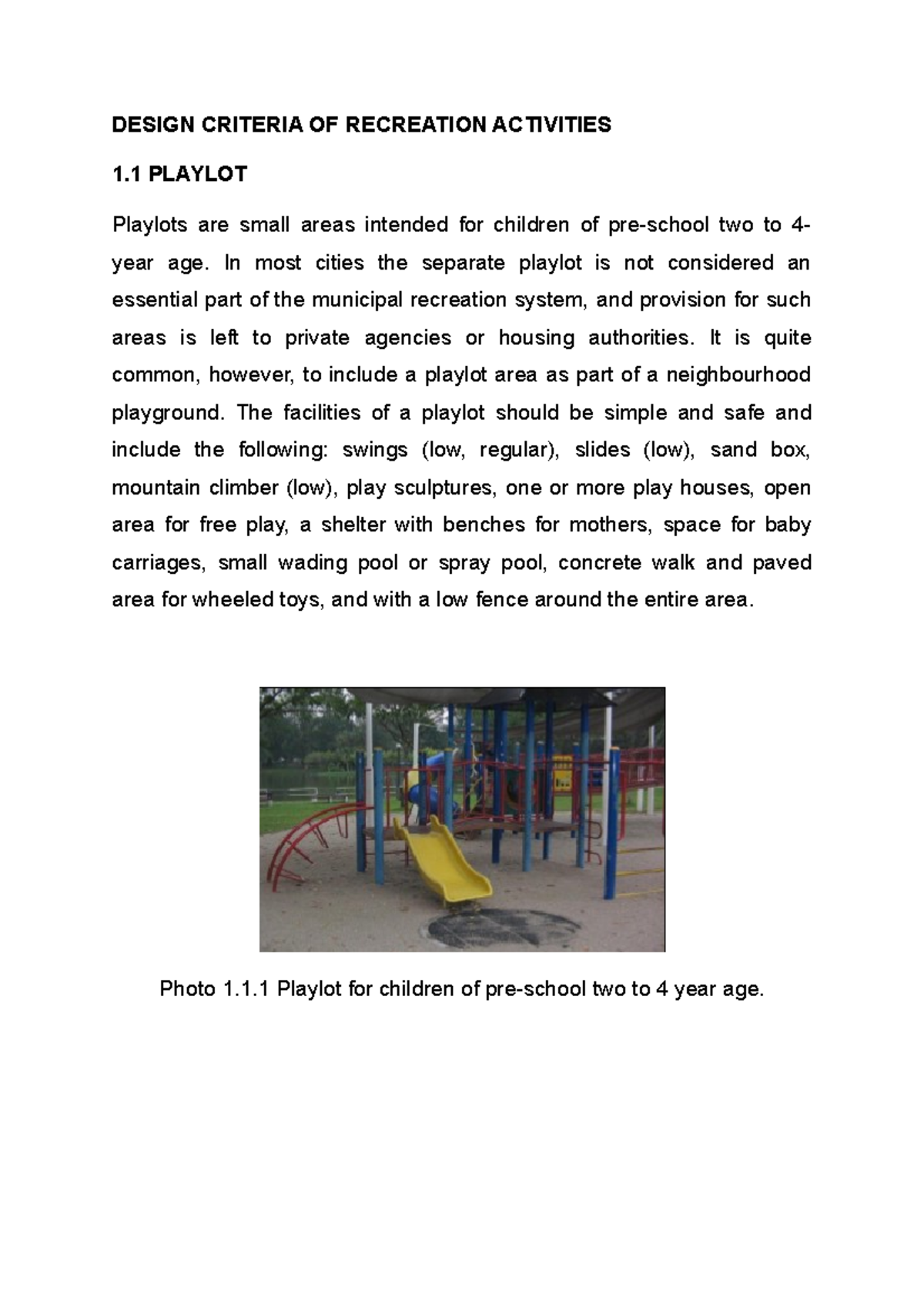 Design Criteria OF Recreation Activities - DESIGN CRITERIA OF ...