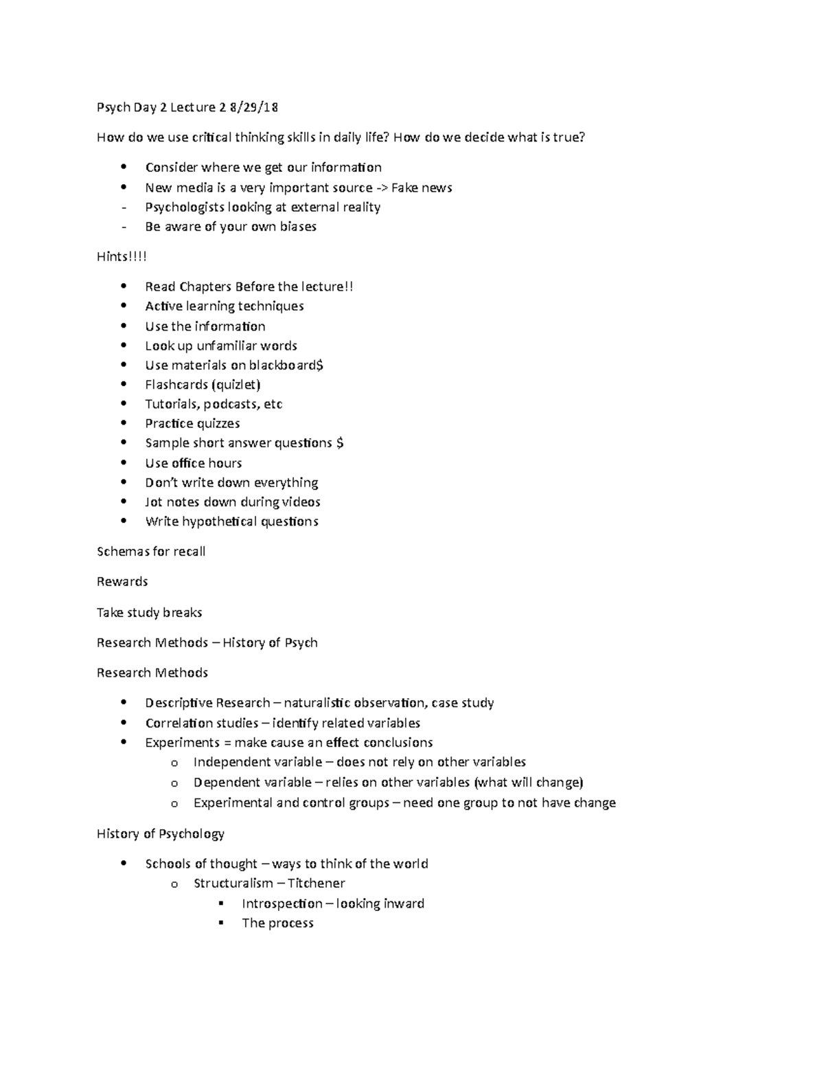 Psych Day 2 Lecture 2 - Psych Day 2 Lecture 2 8/29/ How do we use ...