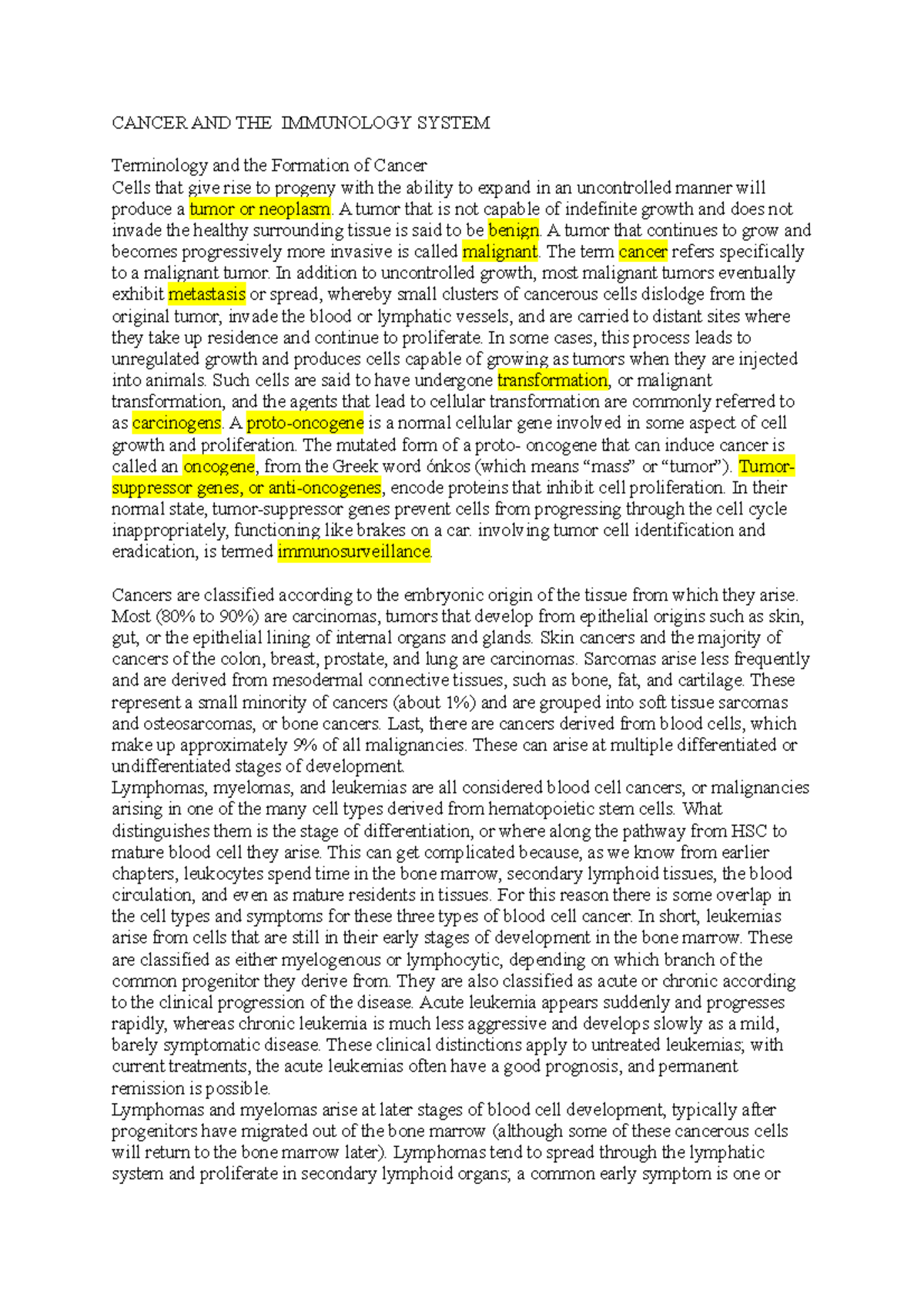 Cancer and immune system - CANCER AND THE IMMUNOLOGY SYSTEM Terminology ...