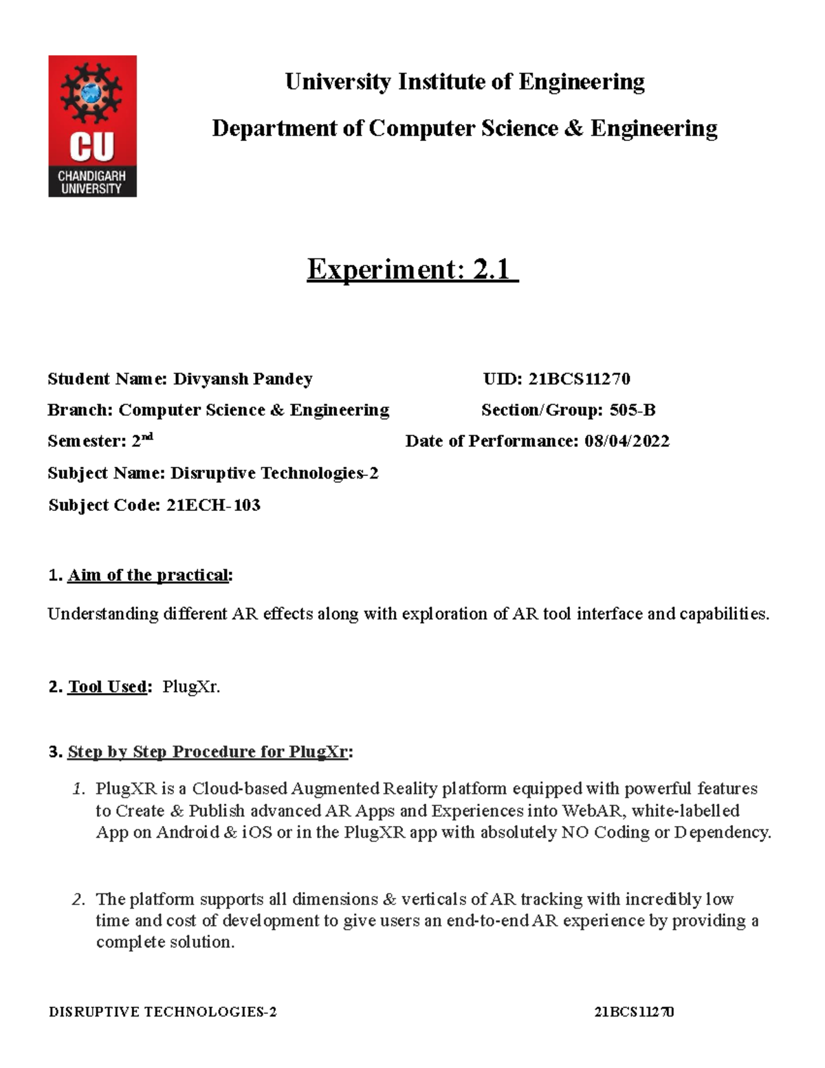 DT EXP 2 Chandigarh University - Disruptive Technologies-2 - Studocu