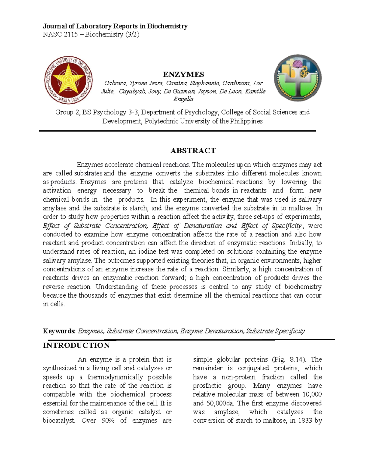 Enzymes Laboratory Report - Journal of Laboratory Reports in ...