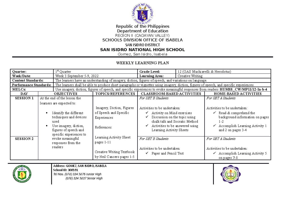 Week 3 - Weekly Learning Plan - Republic of the Philippines Department ...